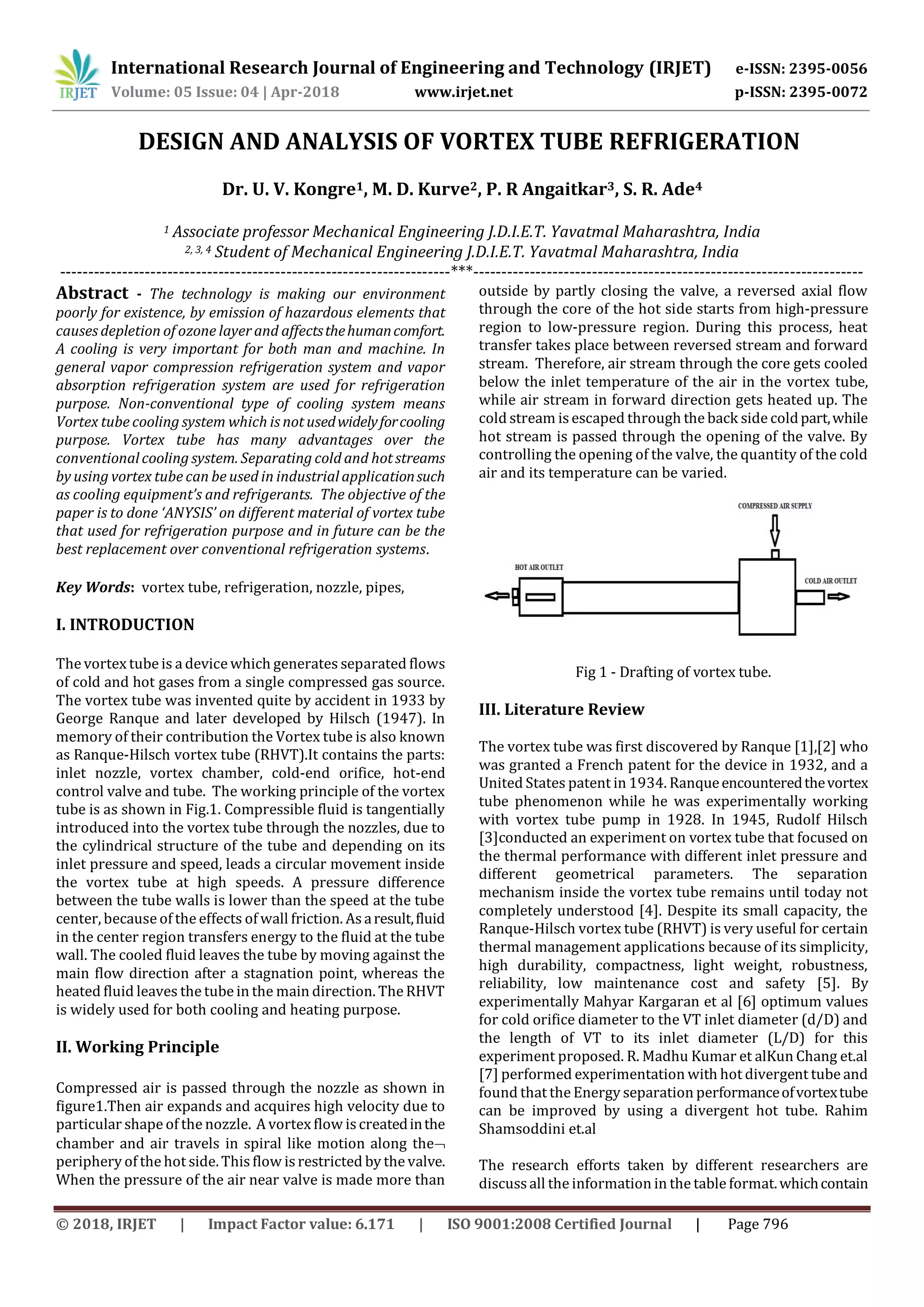 IRJET- Design and Analysis of Vortex Tube Refrigeration | PDF
