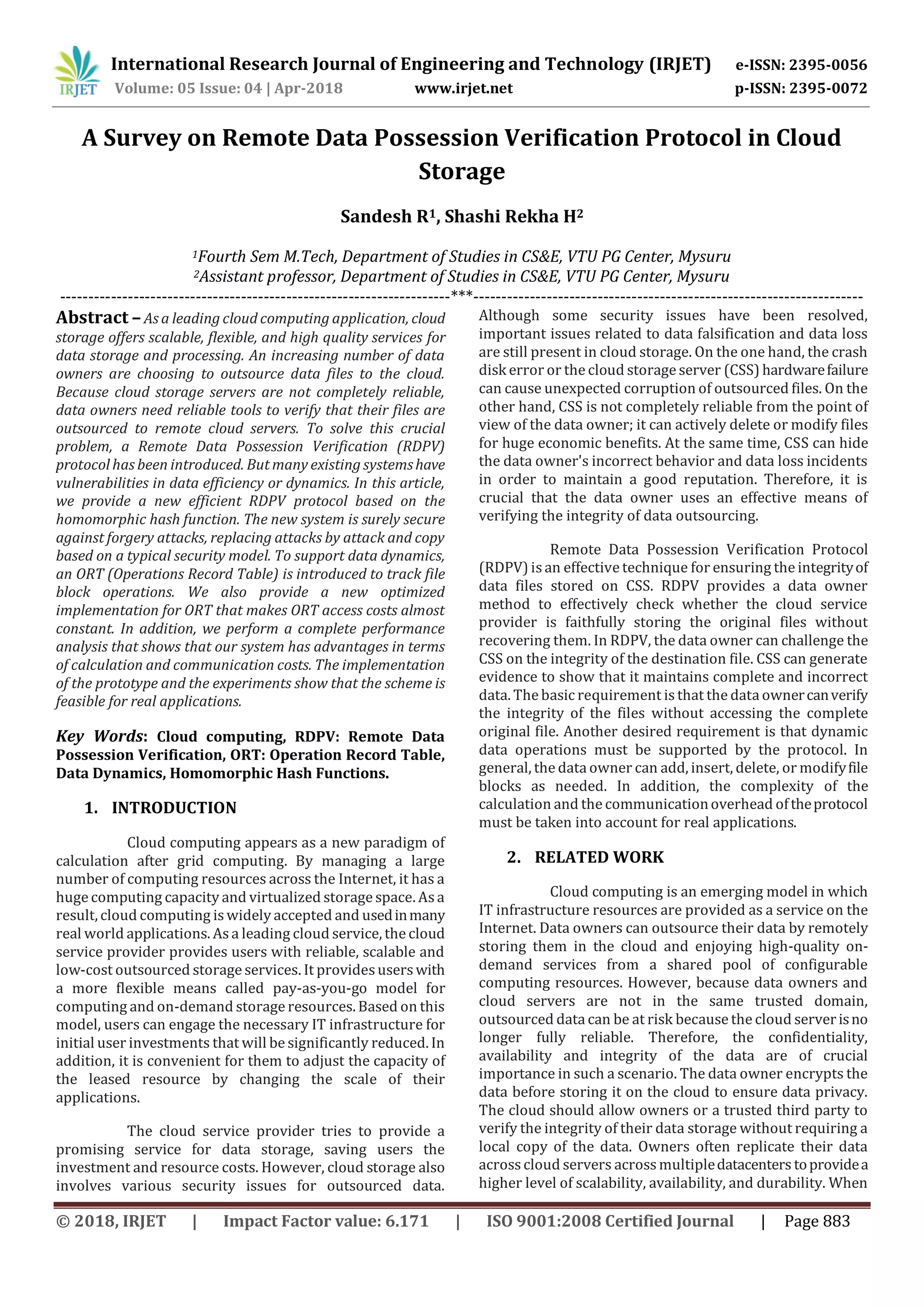IRJET- A Survey on Remote Data Possession Verification Protocol in Cloud Storage | PDF