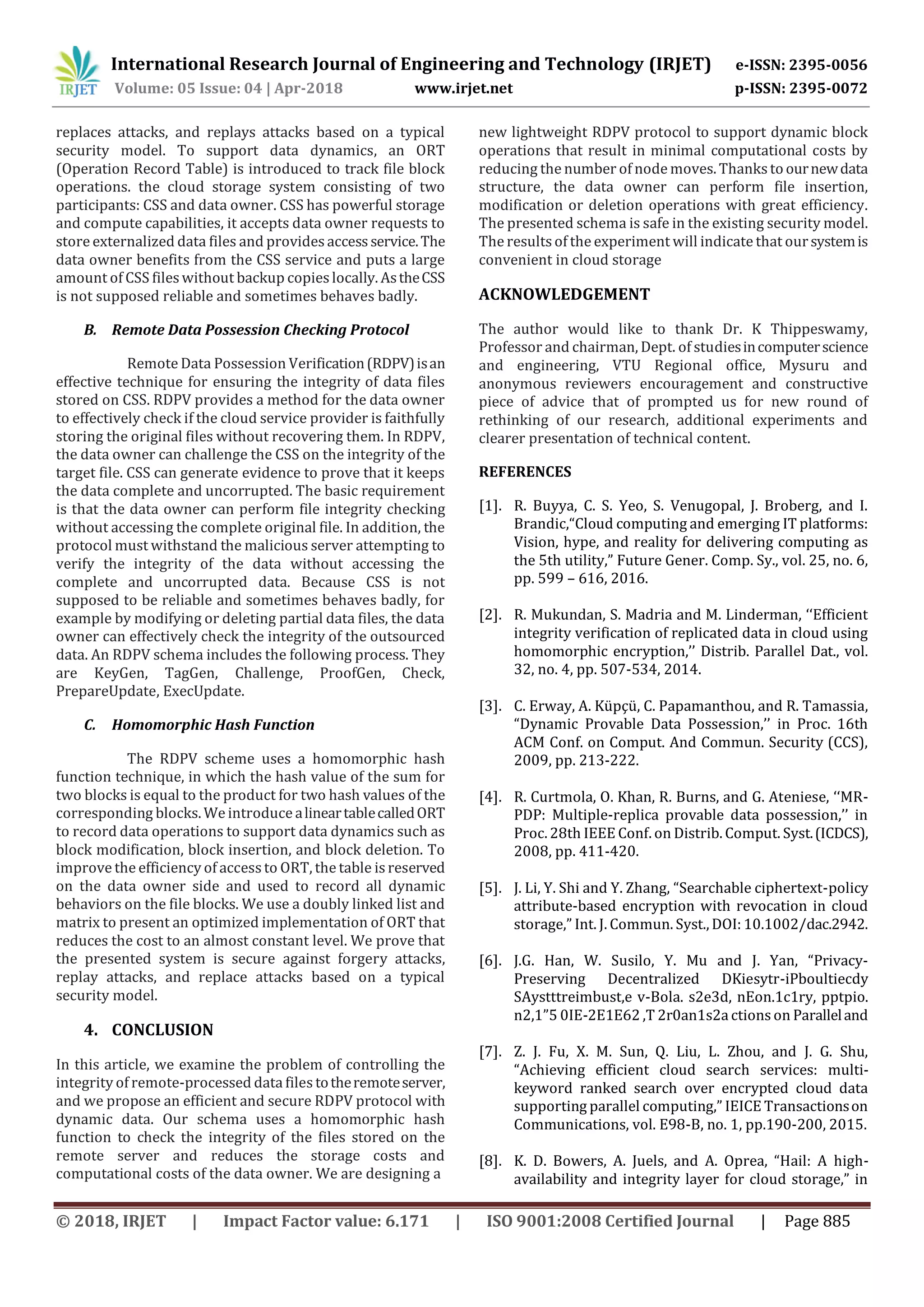 Irjet A Survey On Remote Data Possession Verification Protocol In Cloud Storage Pdf 