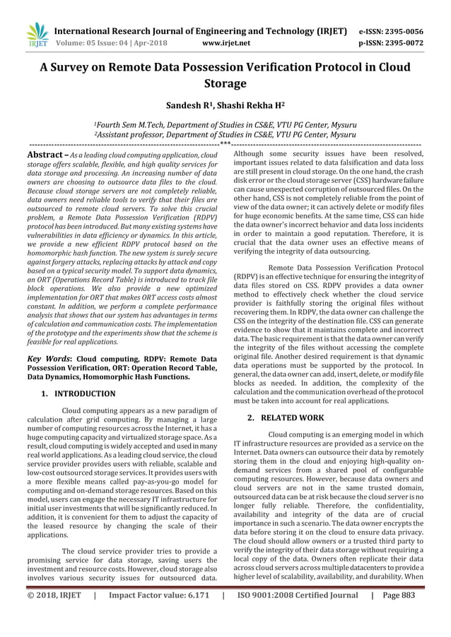 IRJET- A Survey on Remote Data Possession Verification Protocol in Cloud Storage | PDF