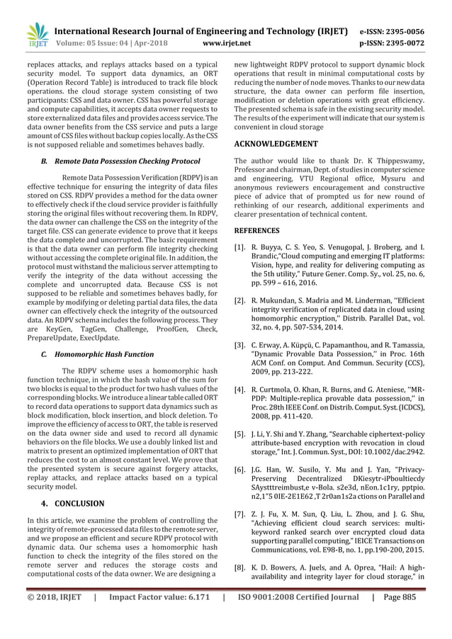 IRJET- A Survey on Remote Data Possession Verification Protocol in Cloud Storage | PDF