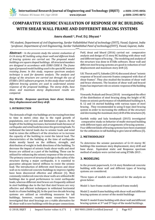 IRJET- Comparative Seismic Evaluation of Response of RC Building with Shear Wall Frame and ...