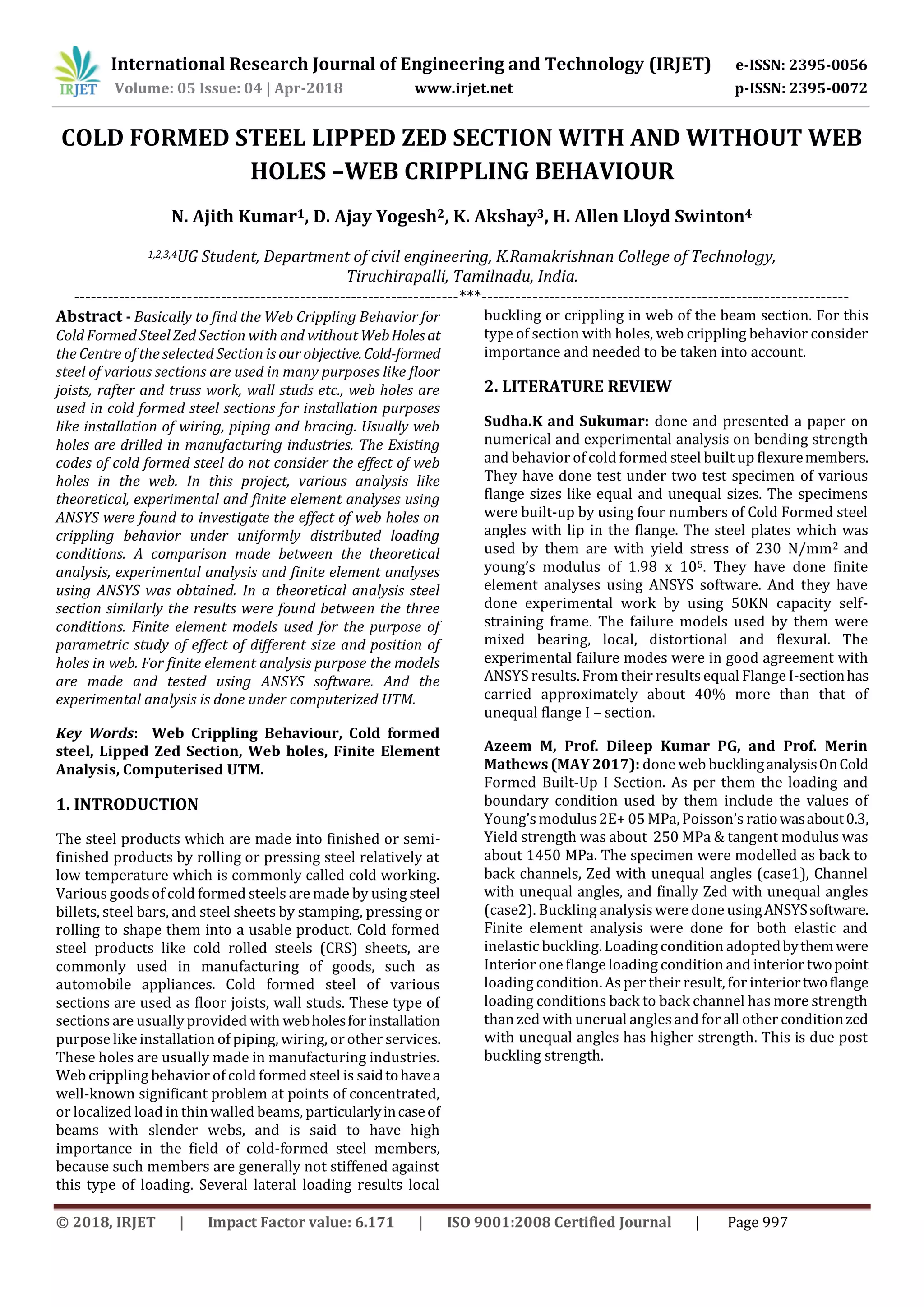 IRJET- Cold Formed Steel Lipped Zed Section with and without Web Holes ...