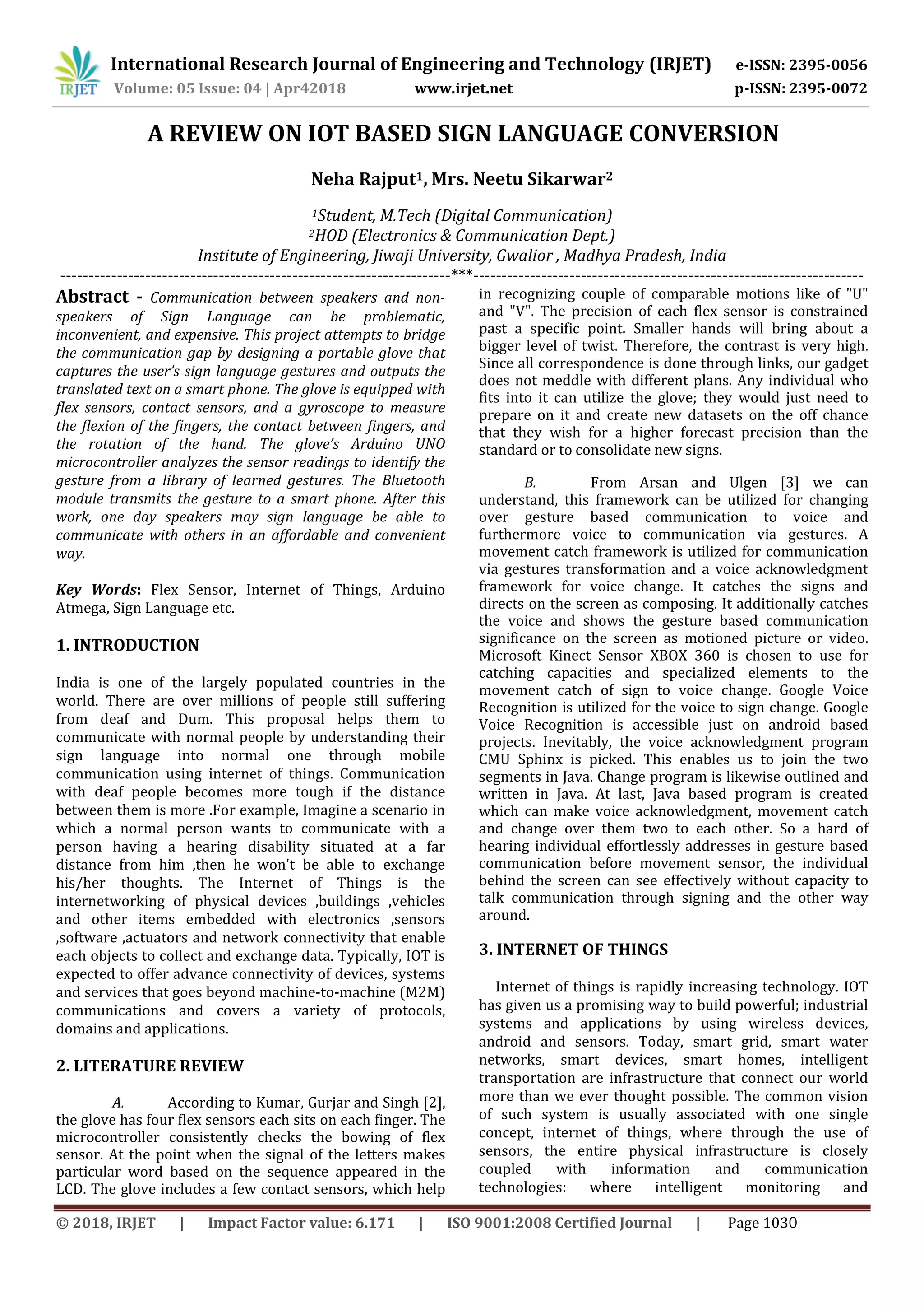 IRJET- A Review on Iot Based Sign Language Conversion | PDF | Wearable ...