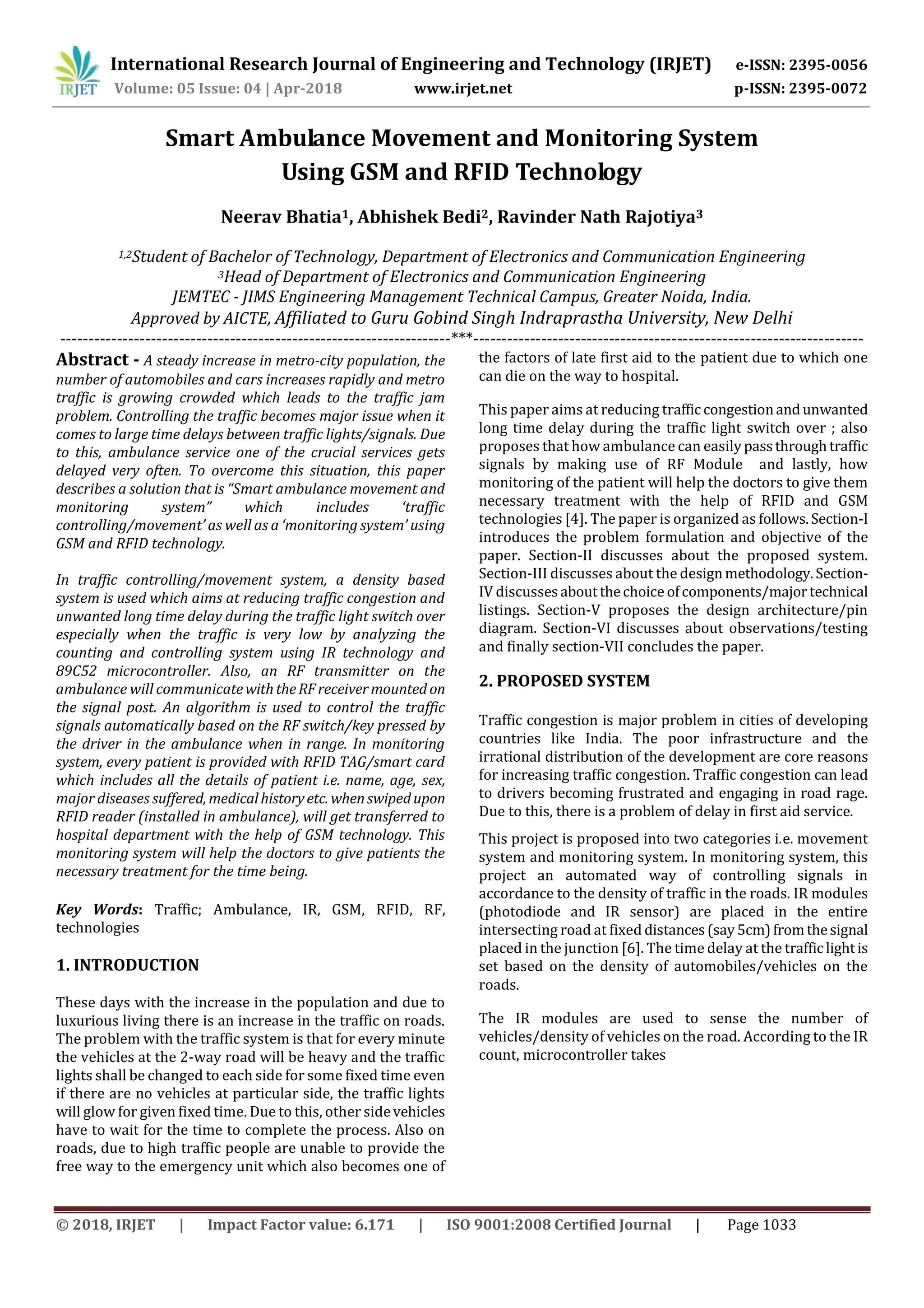 IRJET- Smart Ambulance Movement and Monitoring System using GSM and RFID Technology | PDF