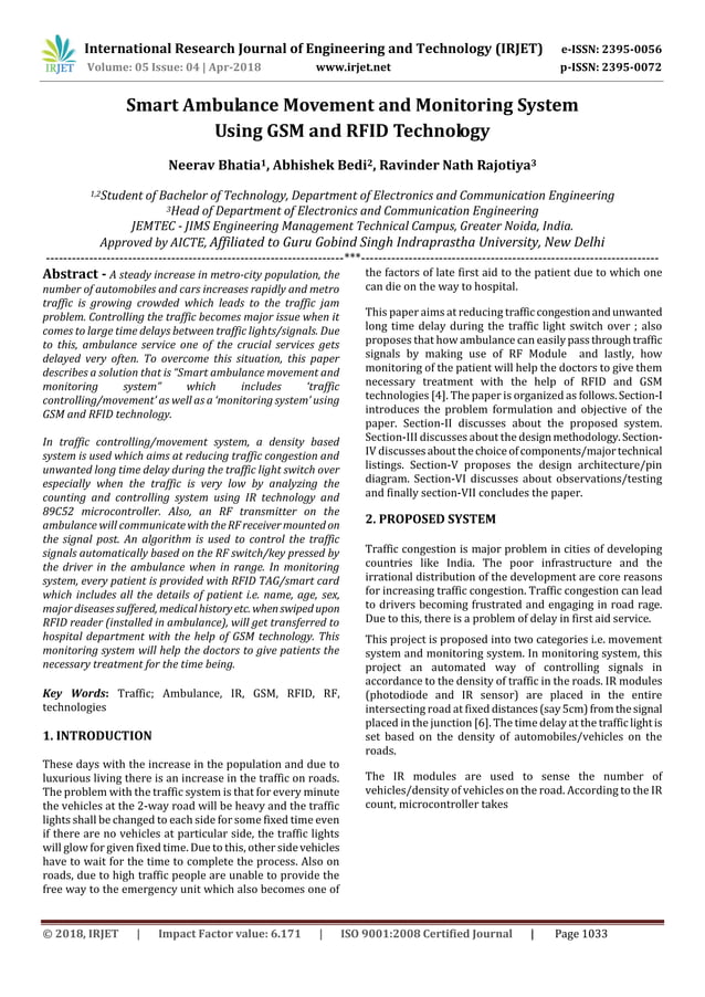 IRJET- Smart Ambulance Movement and Monitoring System using GSM and ...