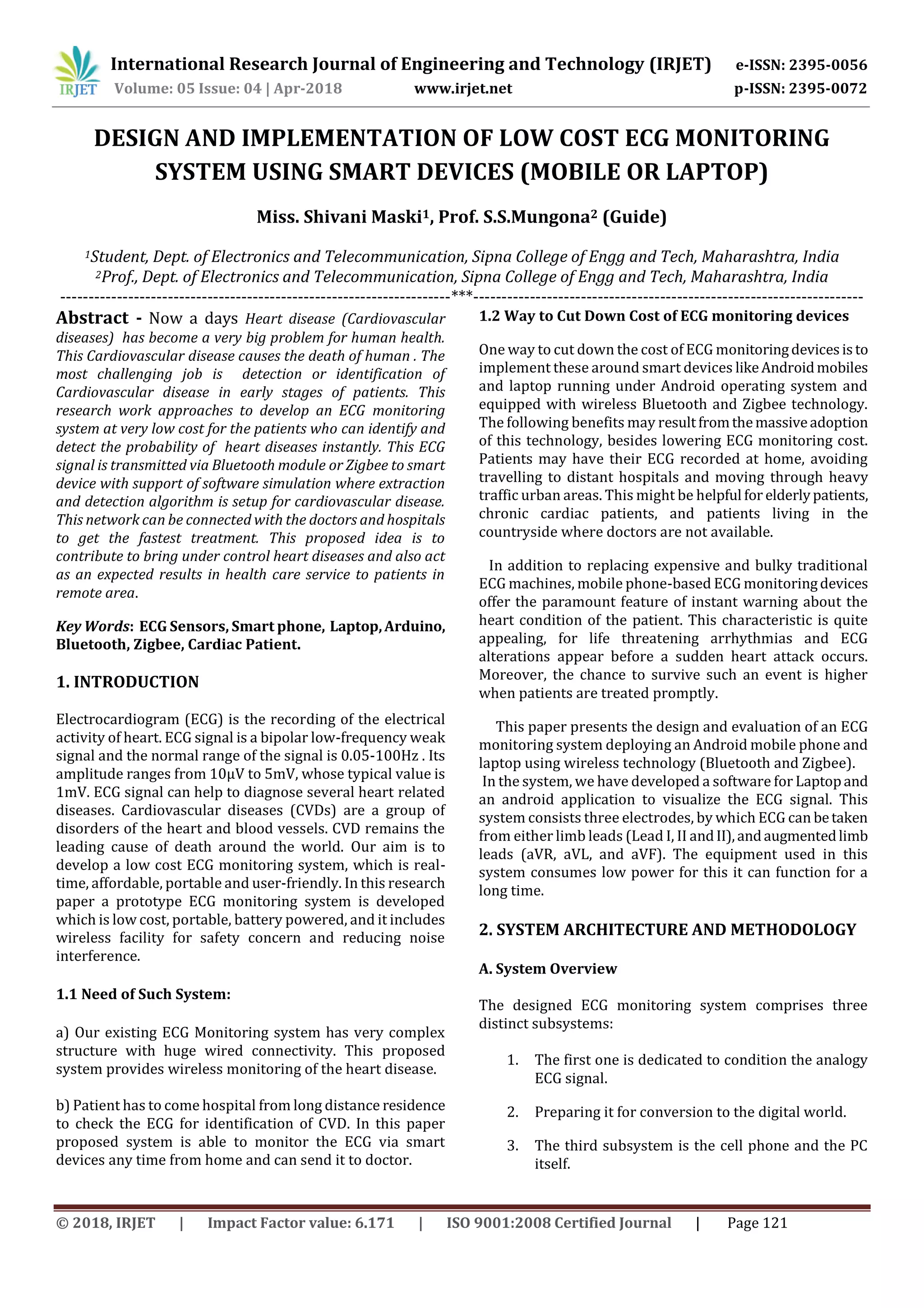 IRJET- Design and Implementation of Low Cost Ecg Monitoring System using Smart Devices (Mobile ...