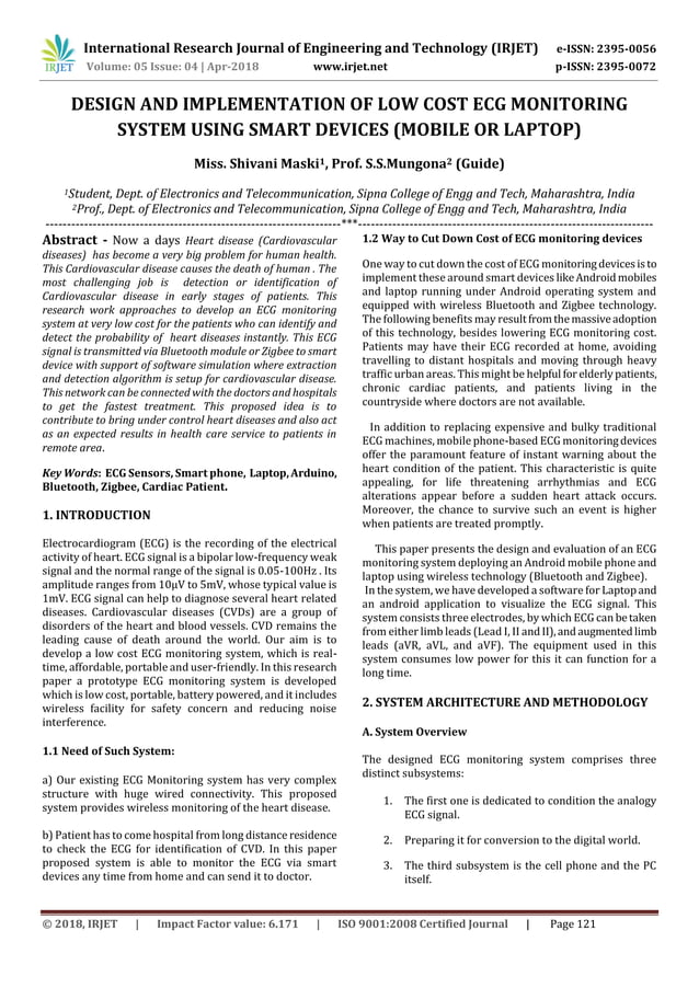 IRJET- Design and Implementation of Low Cost Ecg Monitoring System using Smart Devices (Mobile ...