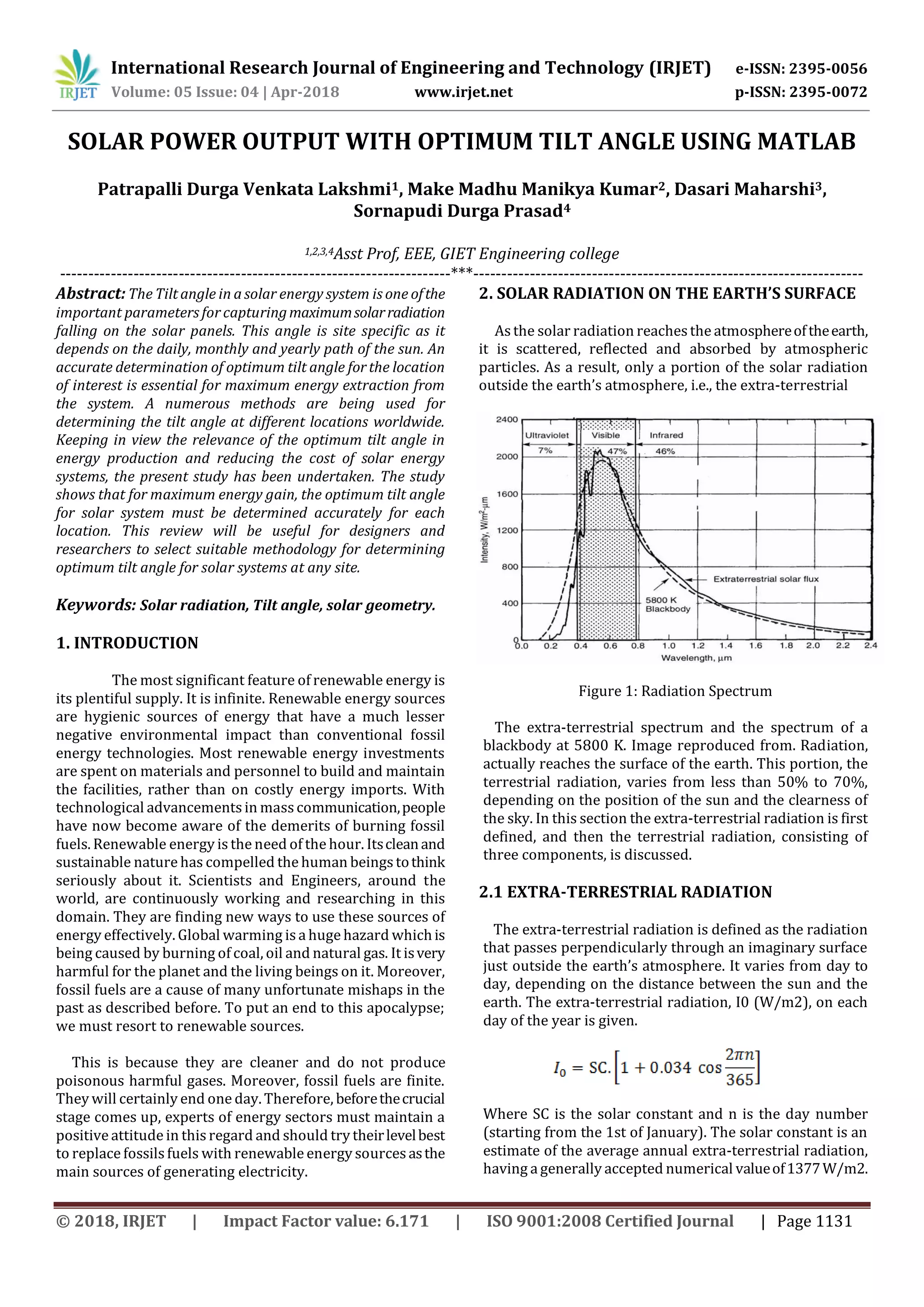 IRJET- Solar Power Output with Optimum Tilt Angle using Matlab | PDF