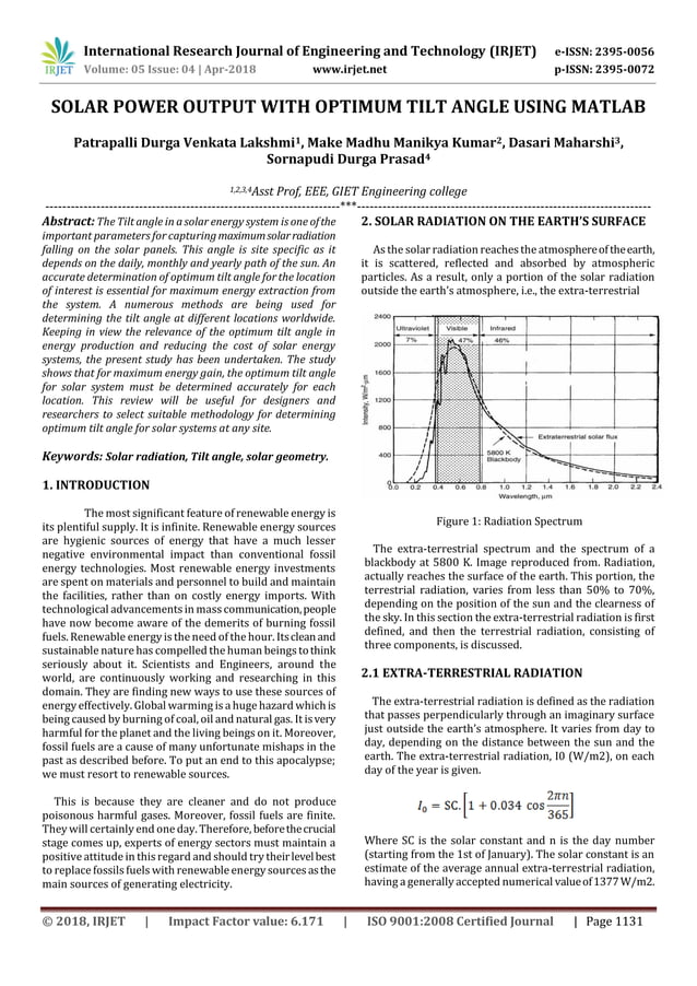 IRJET- Solar Power Output with Optimum Tilt Angle using Matlab | PDF