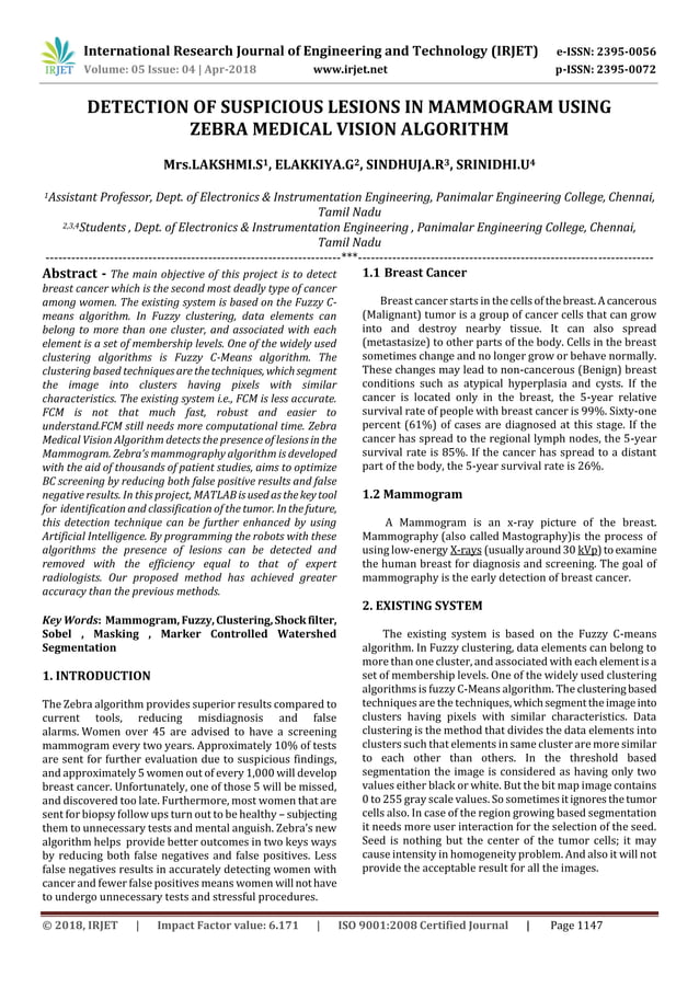 IRJET- Detection of Suspicious Lesions in Mammogram using Zebra Medical Vision Algorithm | PDF ...