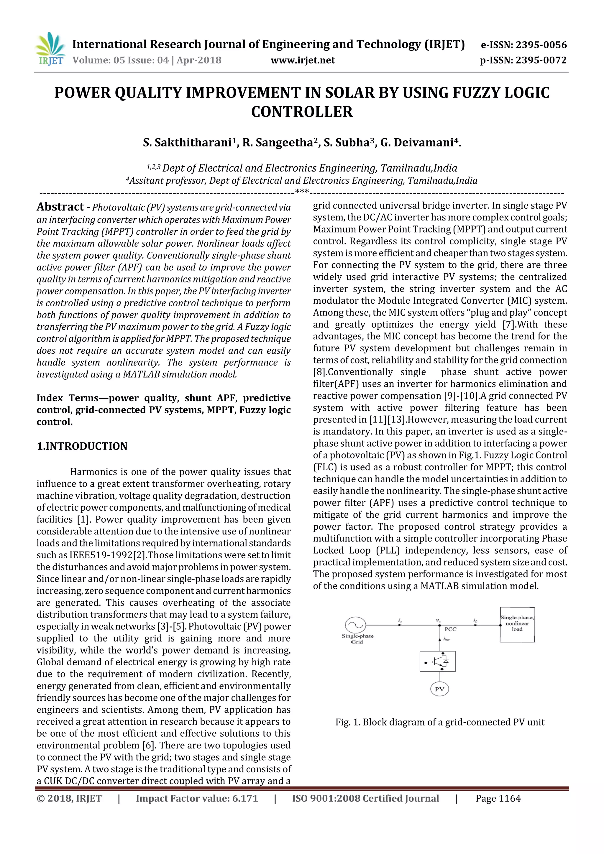 IRJET- Power Quality Improvement in Solar by using Fuzzy Logic Controller | PDF