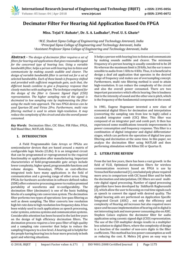 IRJET- Decimator Filter for Hearing Aid Application Based on FPGA | PDF