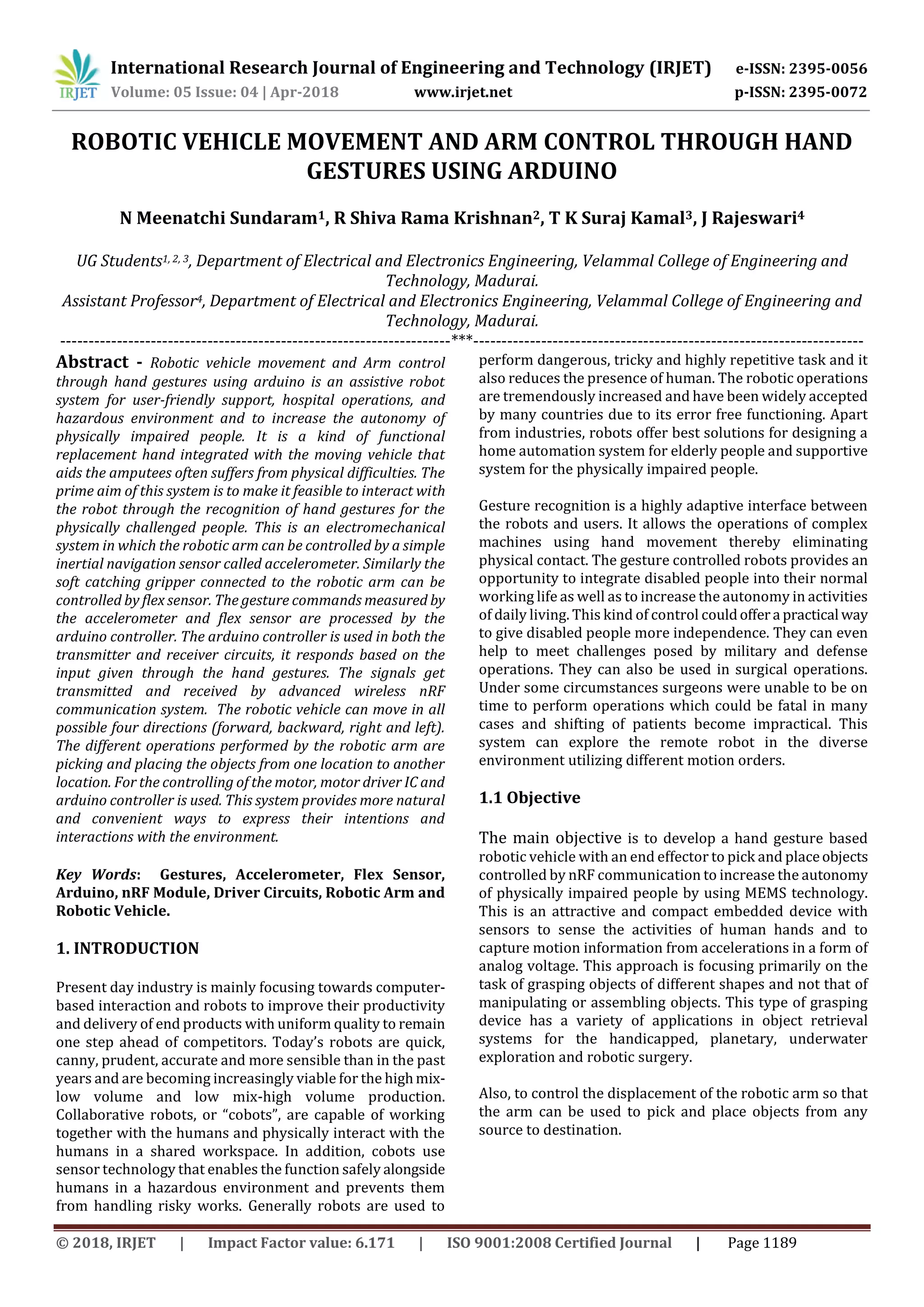 IRJET- Robotic Vehicle Movement and Arm Control Through Hand Gestures using Arduino | PDF