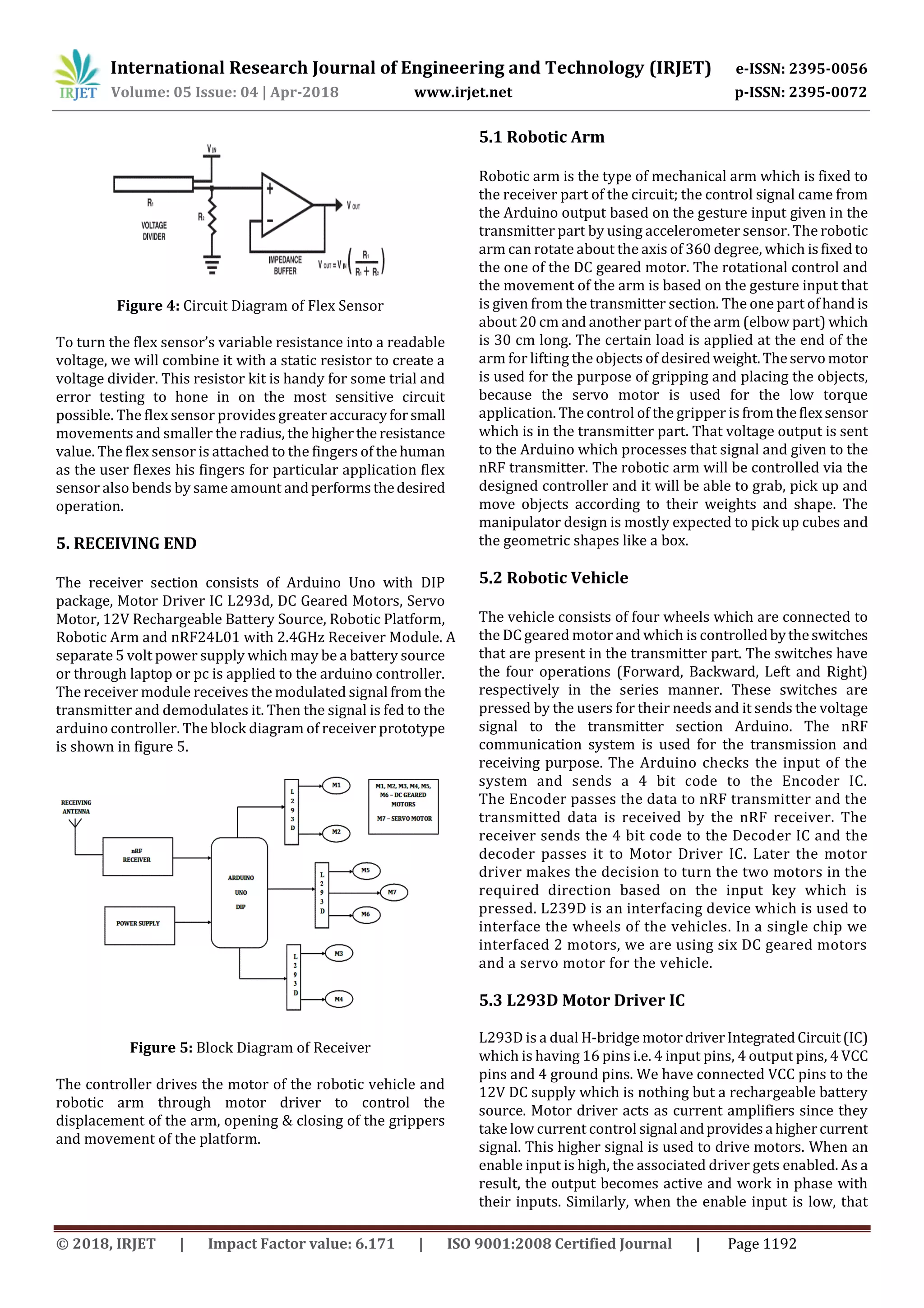 IRJET- Robotic Vehicle Movement and Arm Control Through Hand Gestures using Arduino | PDF