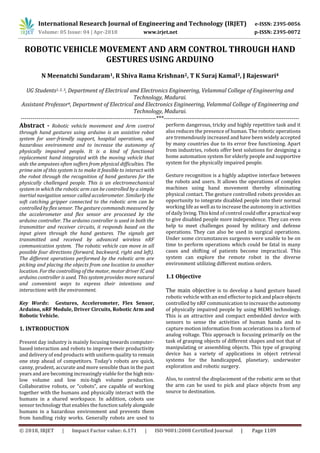 IRJET- Robotic Vehicle Movement and Arm Control Through Hand Gestures using Arduino | PDF
