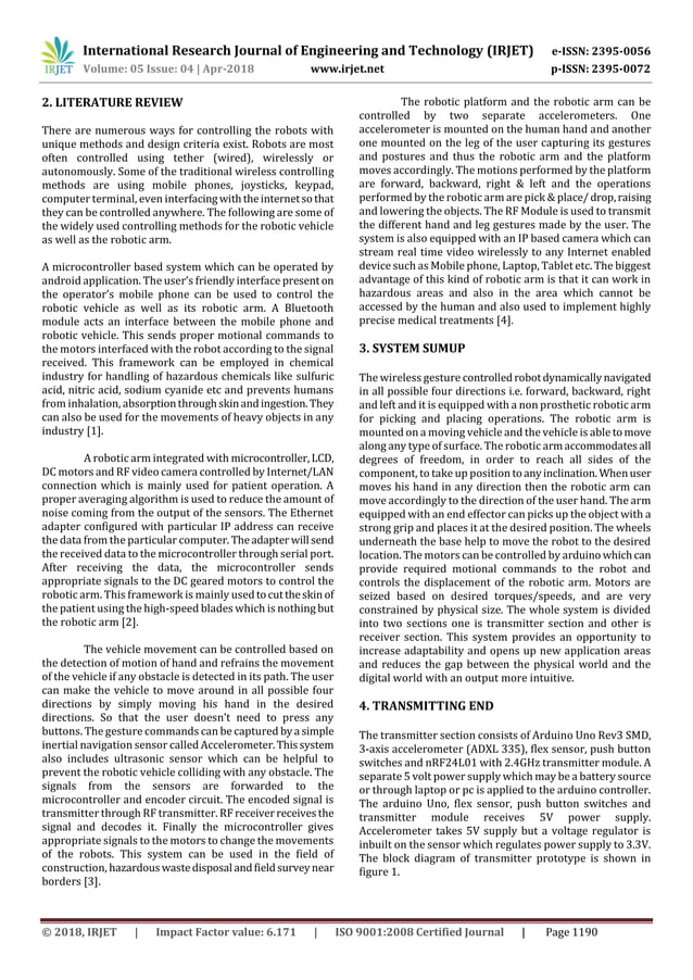 IRJET- Robotic Vehicle Movement and Arm Control Through Hand Gestures using Arduino | PDF
