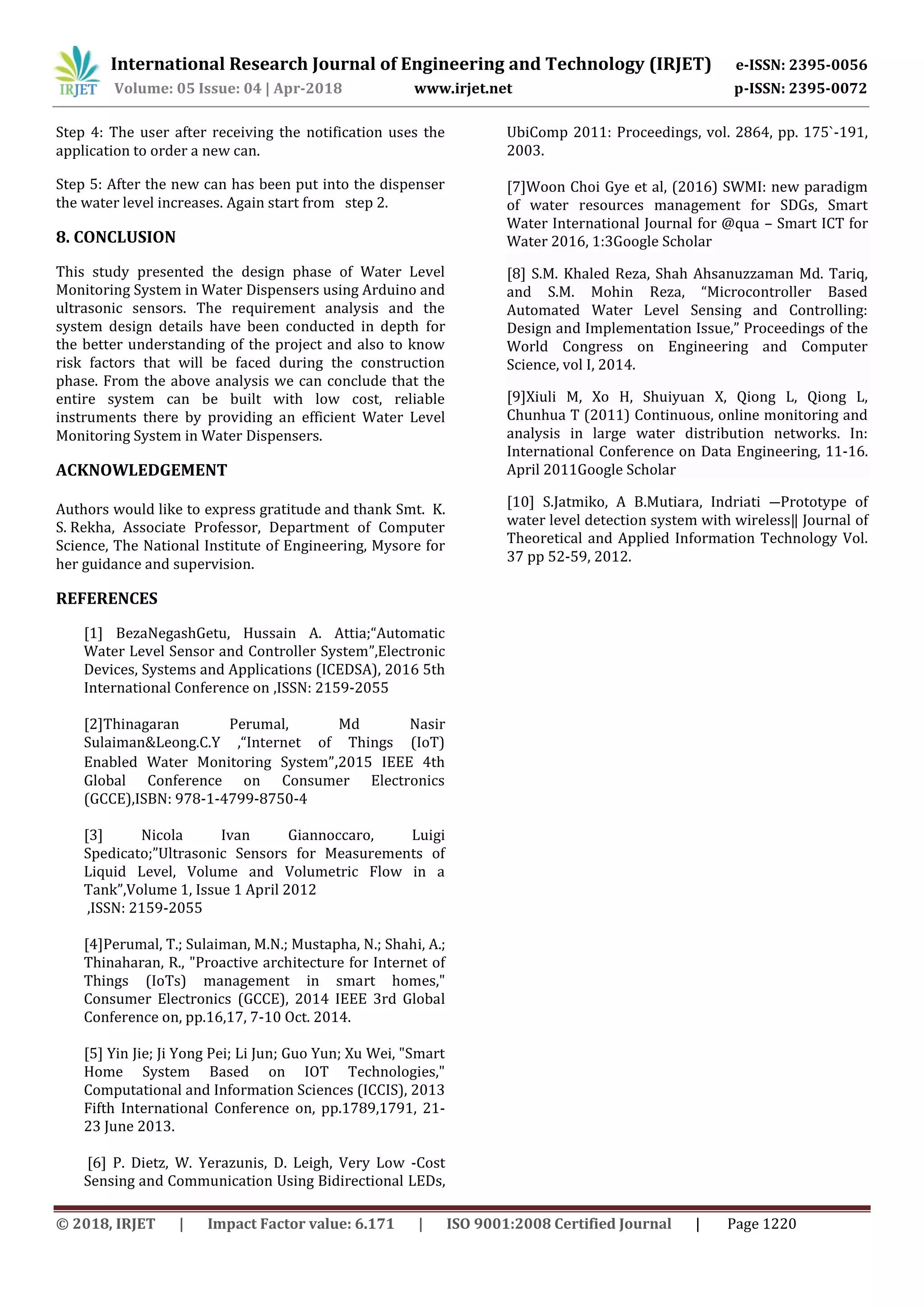 IRJET- Water Level Monitoring System in Water Dispensers using Iot | PDF