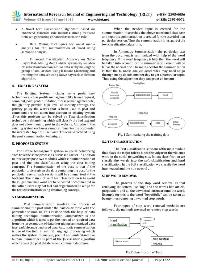 Irjet Post Summarization And Text Classification In Social Networking