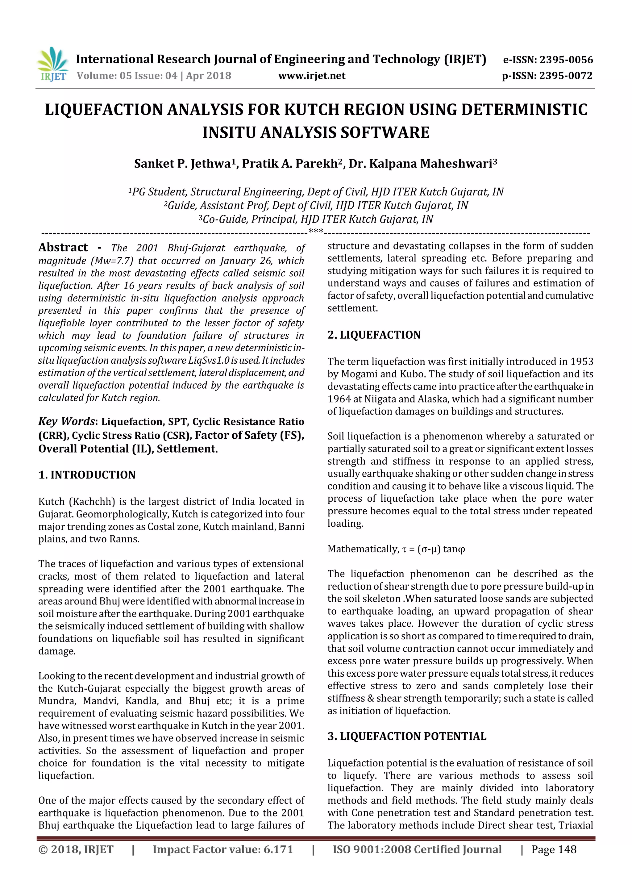 IRJET- Liquefaction Analysis for Kutch Region using Deterministic Insitu Analysis Software | PDF
