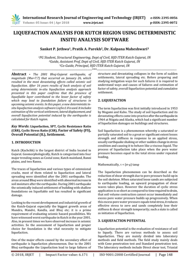 IRJET- Liquefaction Analysis for Kutch Region using Deterministic Insitu Analysis Software | PDF