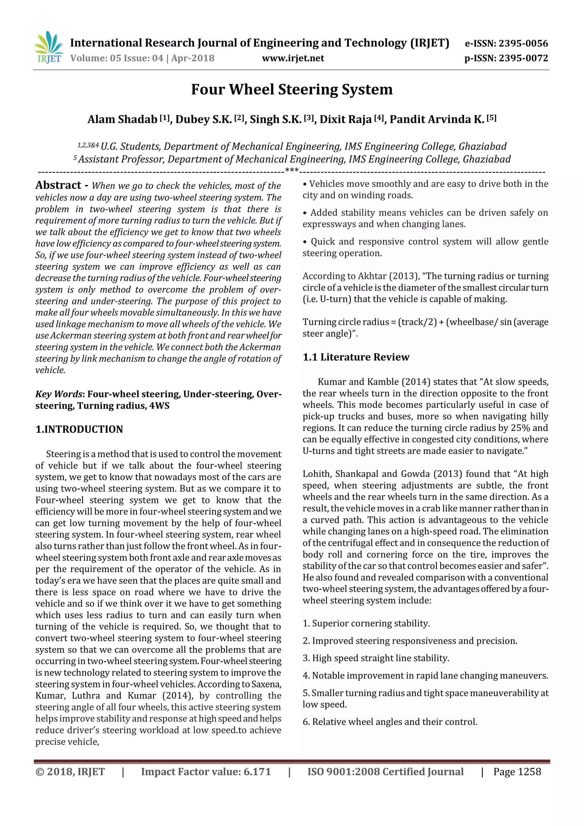 IRJET- Four Wheel Steering System | PDF