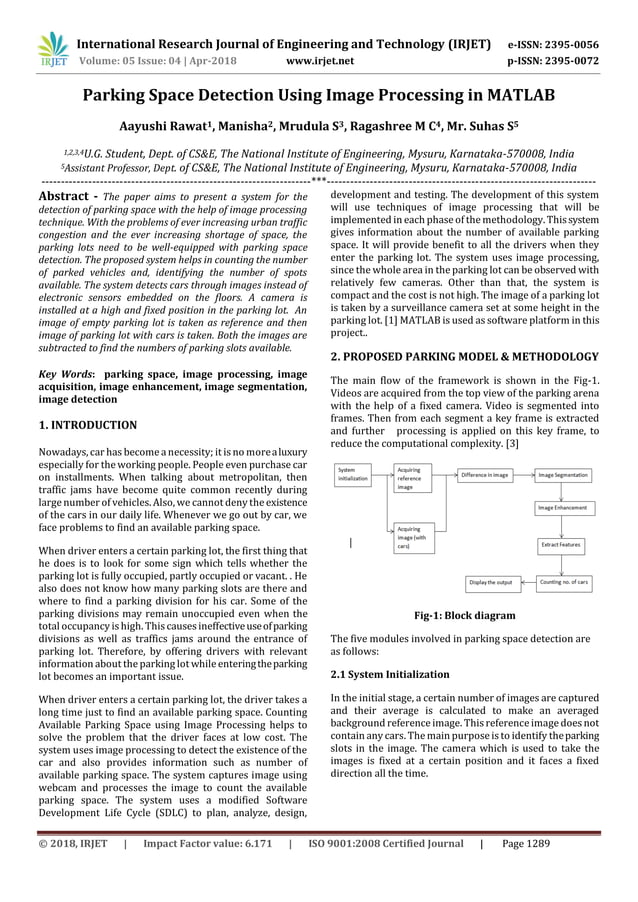 IRJET- Parking Space Detection using Image Processing in MATLAB | PDF | Photo Editing Software ...