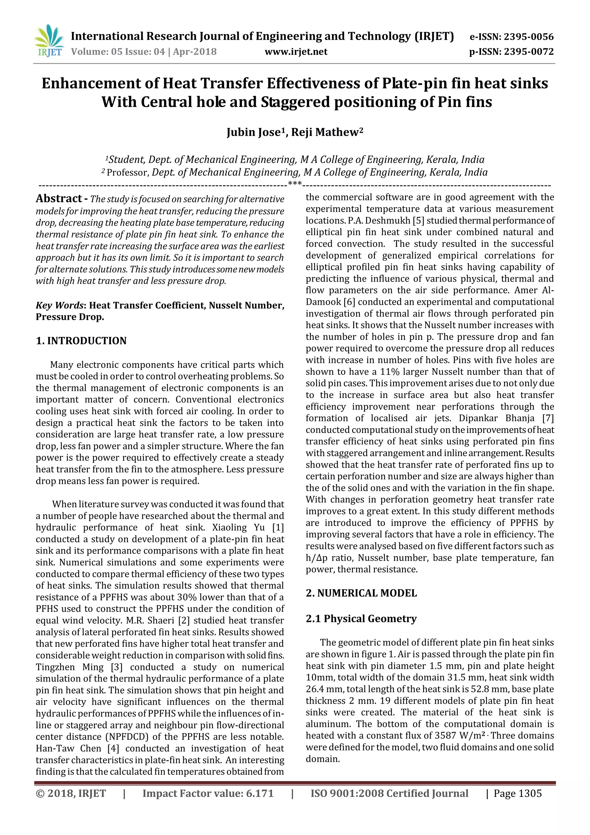 IRJET- Enhancement of Heat Transfer Effectiveness of Plate-Pin Fin Heat ...