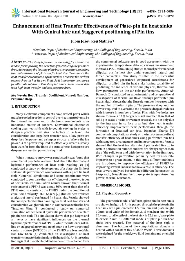 IRJET- Enhancement of Heat Transfer Effectiveness of Plate-Pin Fin Heat ...
