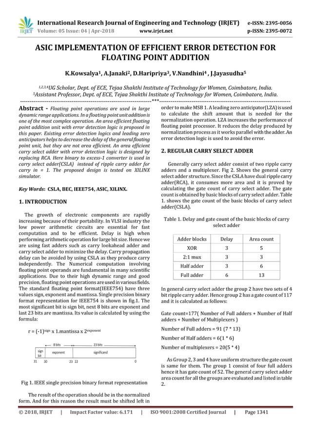 IRJET- Asic Implementation of Efficient Error Detection for Floating Point Addition | PDF