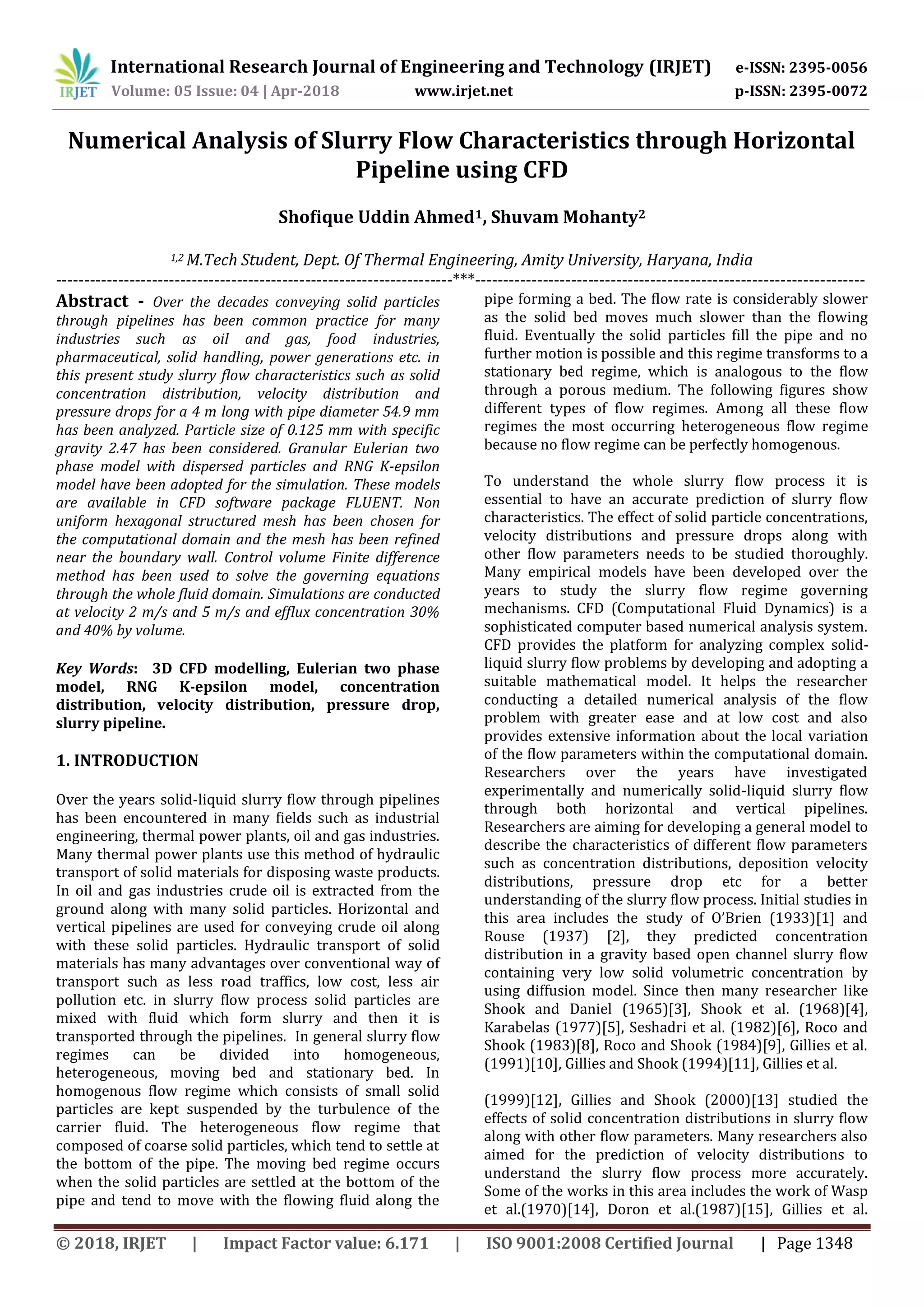 IRJET- Numerical Analysis of Slurry Flow Characteristics Through Horizontal Pipeline using CFD | PDF