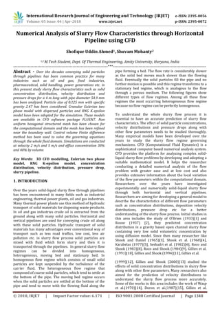 IRJET- Numerical Analysis of Slurry Flow Characteristics Through Horizontal Pipeline using CFD | PDF