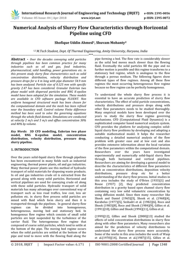 IRJET- Numerical Analysis of Slurry Flow Characteristics Through Horizontal Pipeline using CFD | PDF