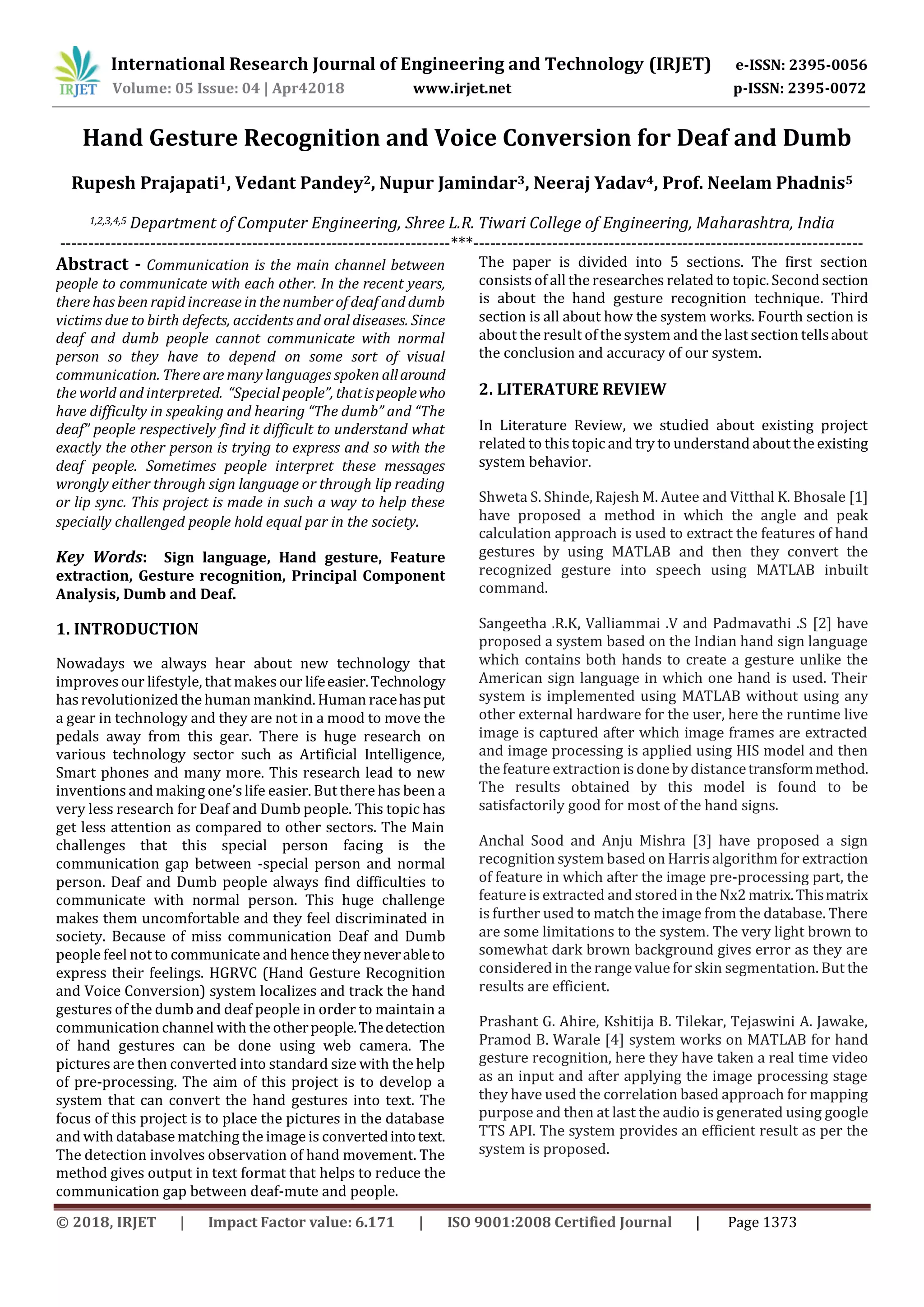 IRJET- Hand Gesture Recognition and Voice Conversion for Deaf and Dumb ...