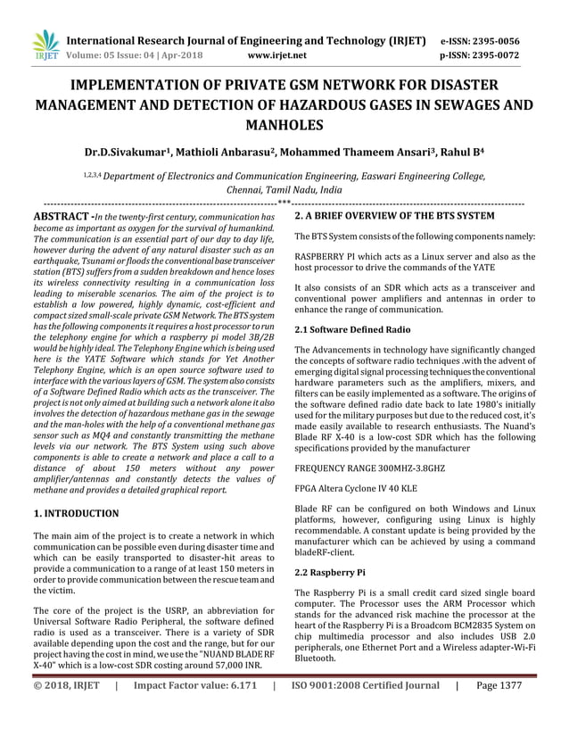 IRJET- Implementation of Private GSM Network for Disaster Management and Detection of Hazardous ...