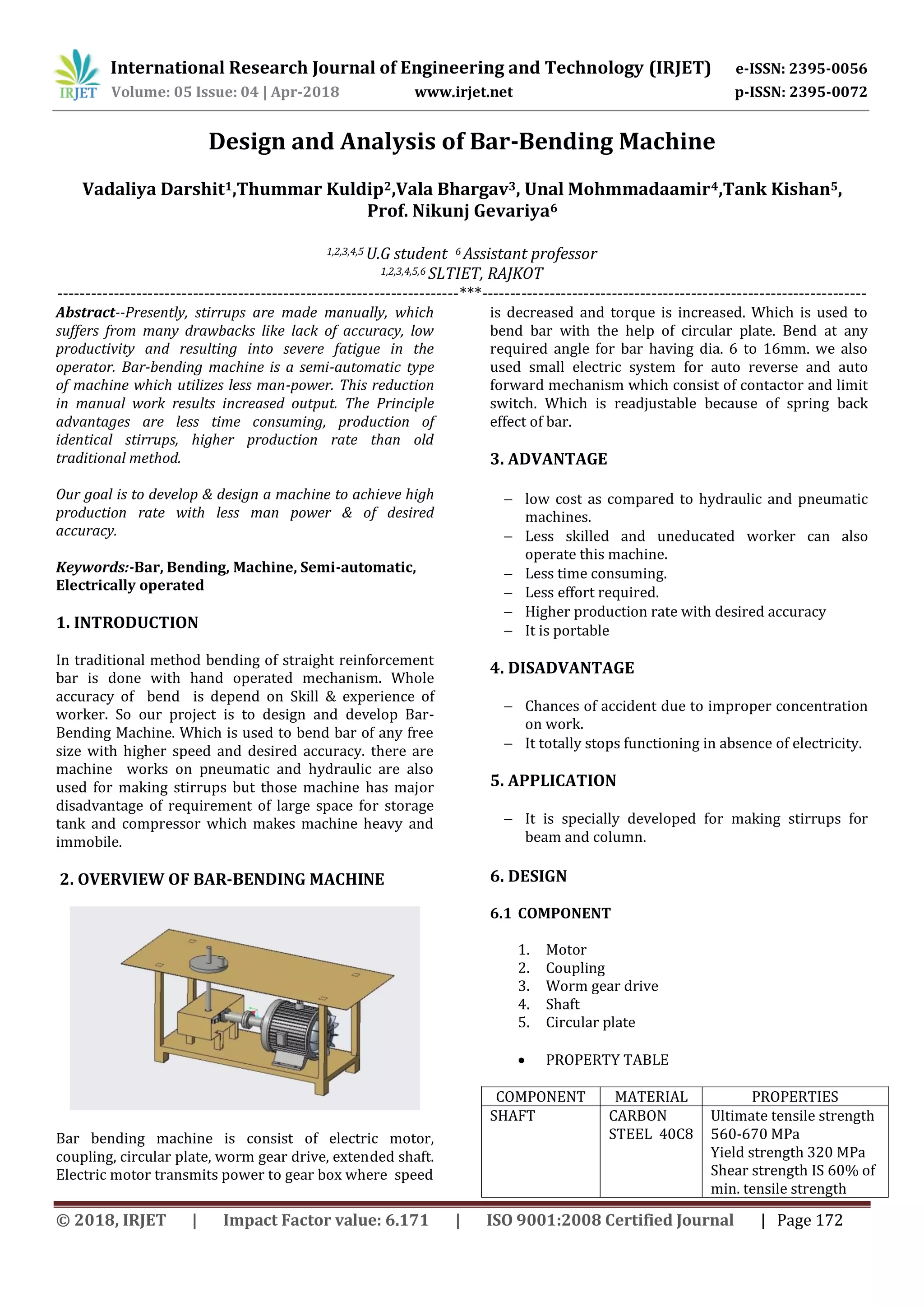 IRJET- Design and Analysis of Bar-Bending Machine | PDF