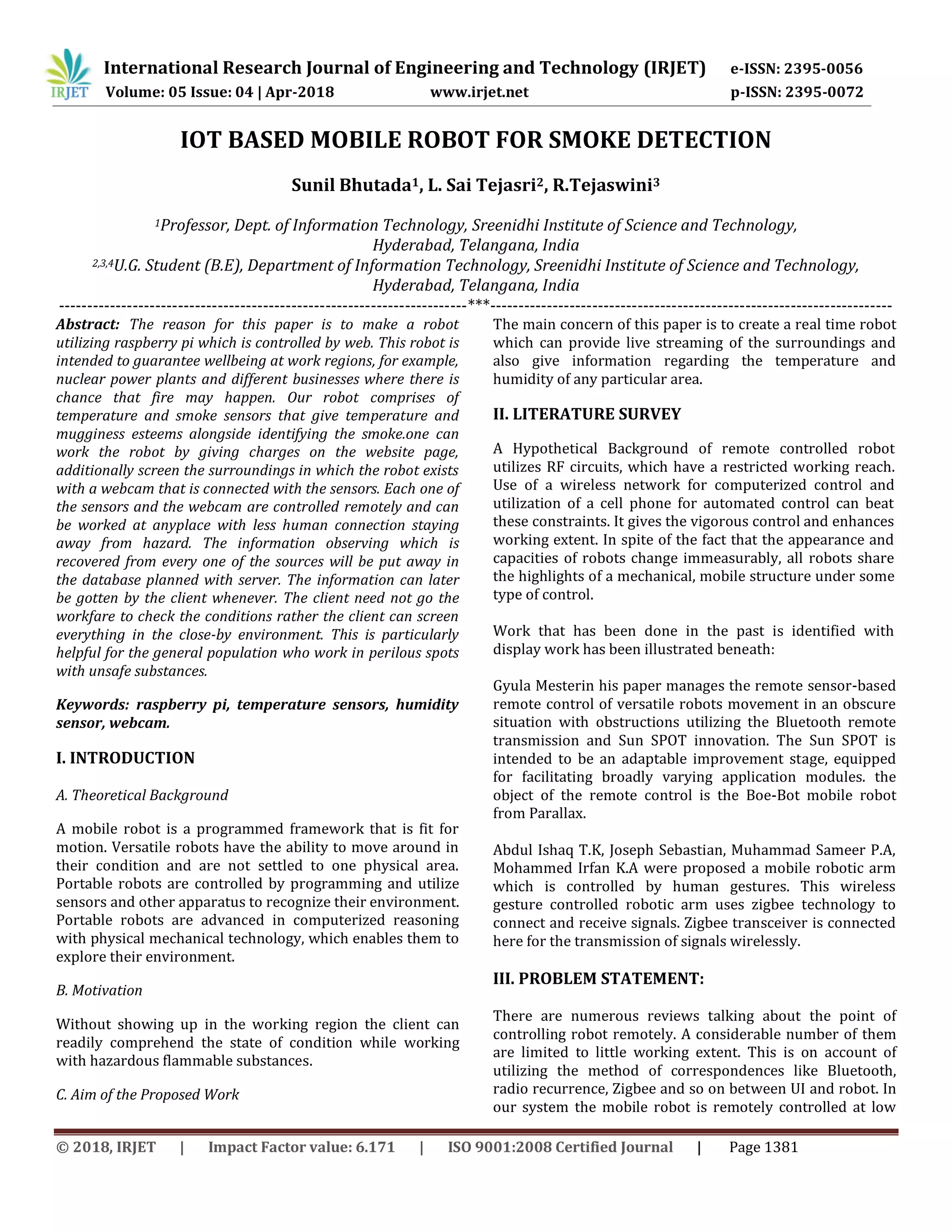 IRJET- Iot Based Mobile Robot for Smoke Detection | PDF | Web Development | Internet