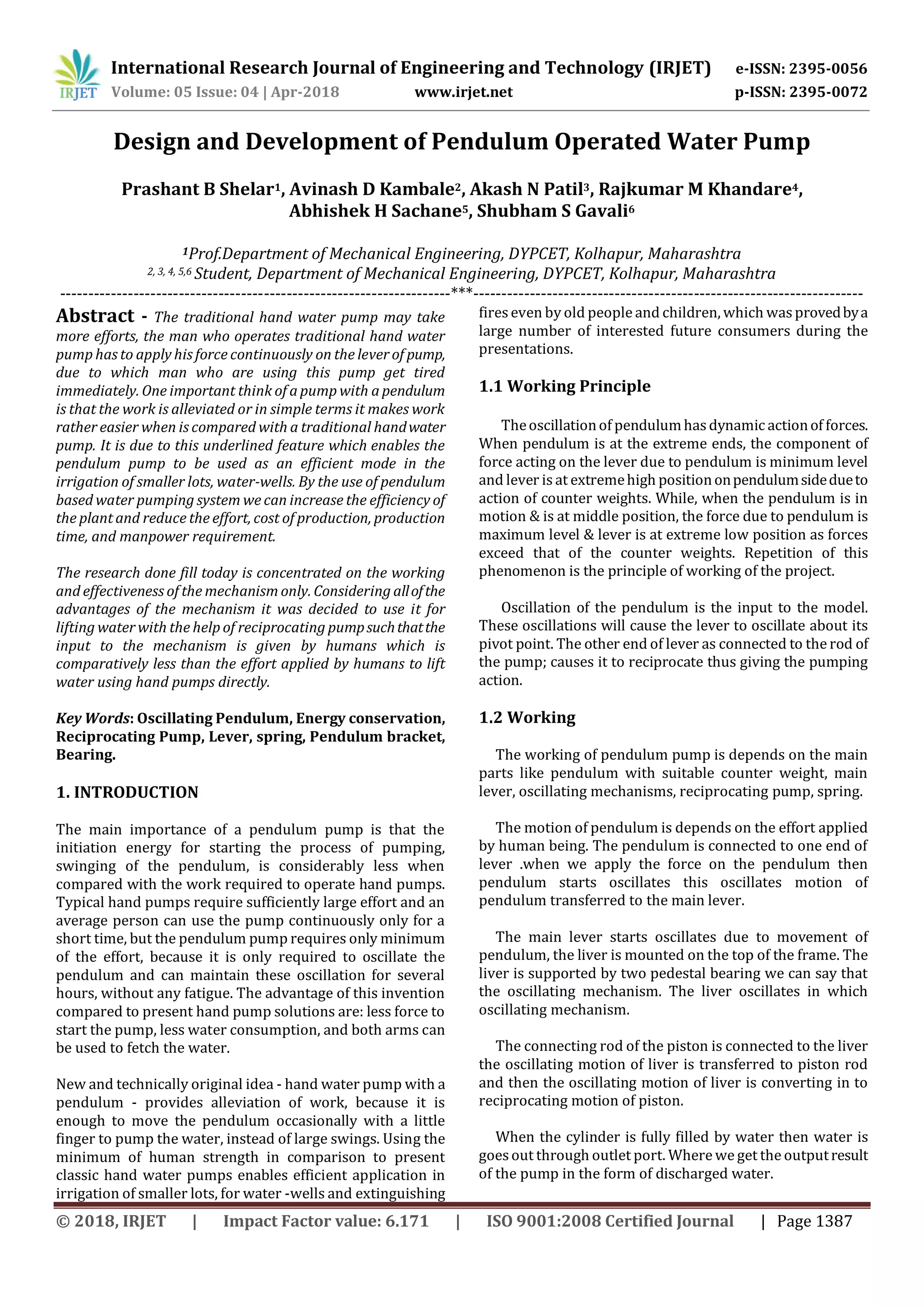 IRJET- Design and Development of Pendulum Operated Water Pump | PDF ...