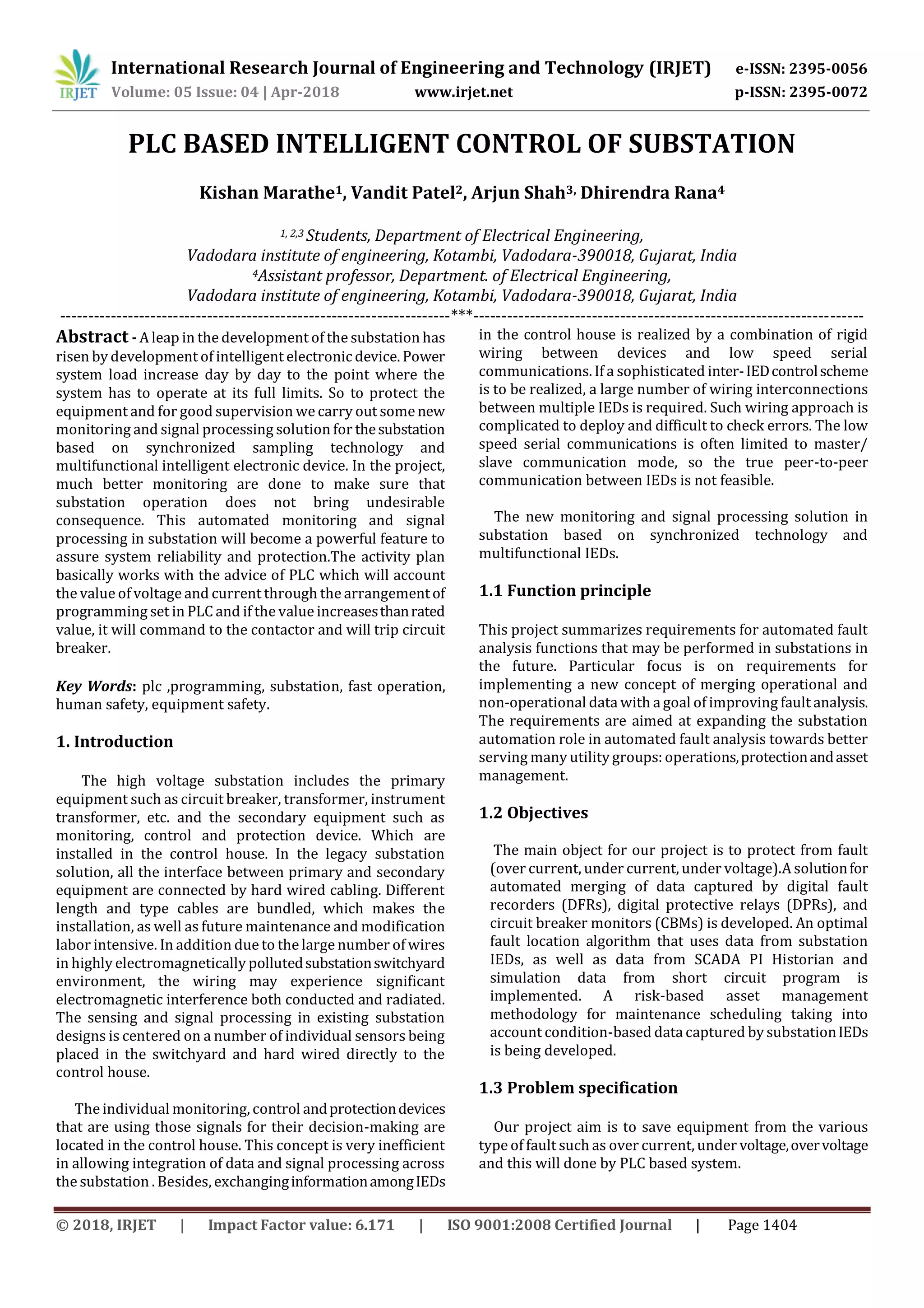 IRJET- PLC Based Intelligent Control of Substation | PDF