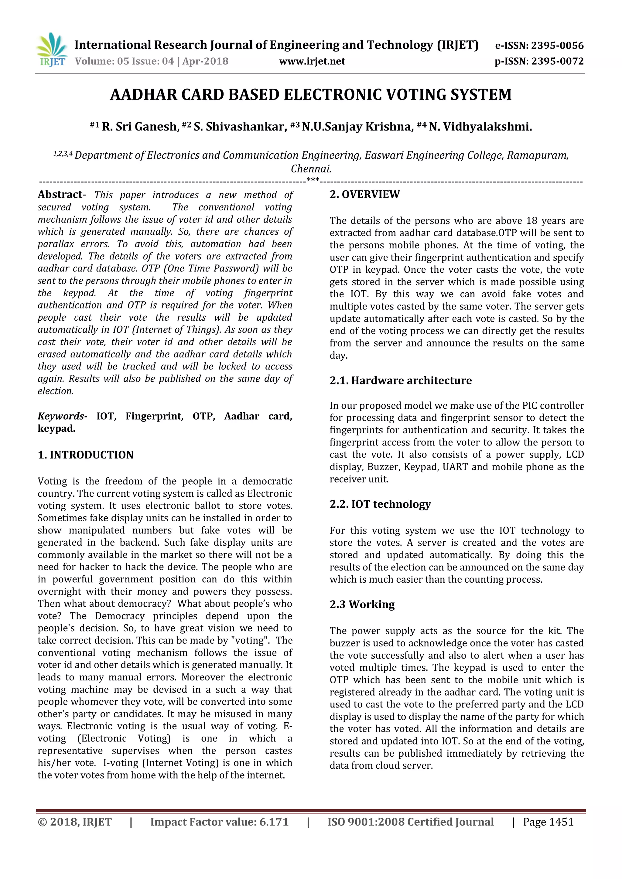 IRJET- Aadhar Card Based Electronic Voting System | PDF