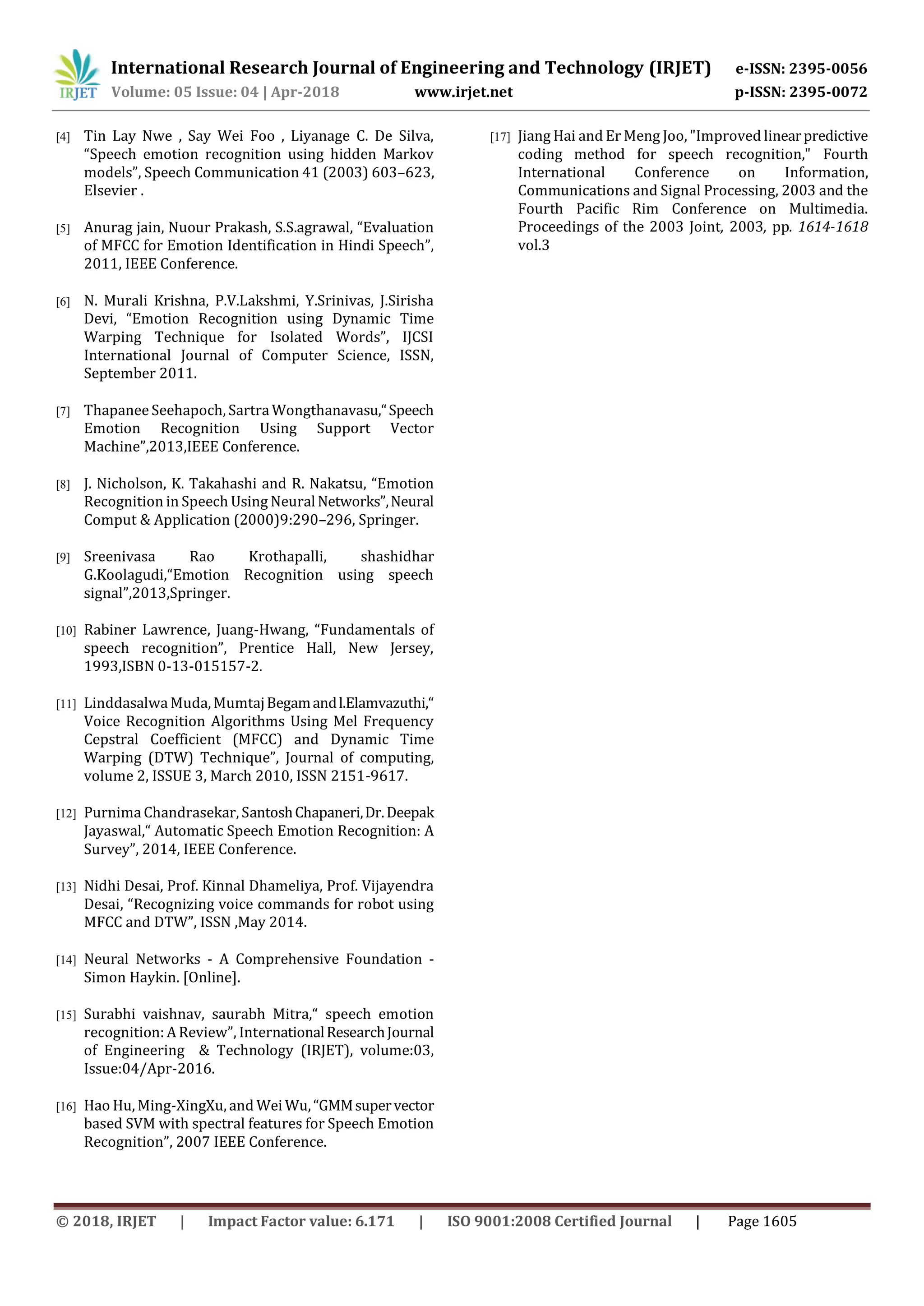 IRJET- Emotion recognition using Speech Signal: A Review | PDF