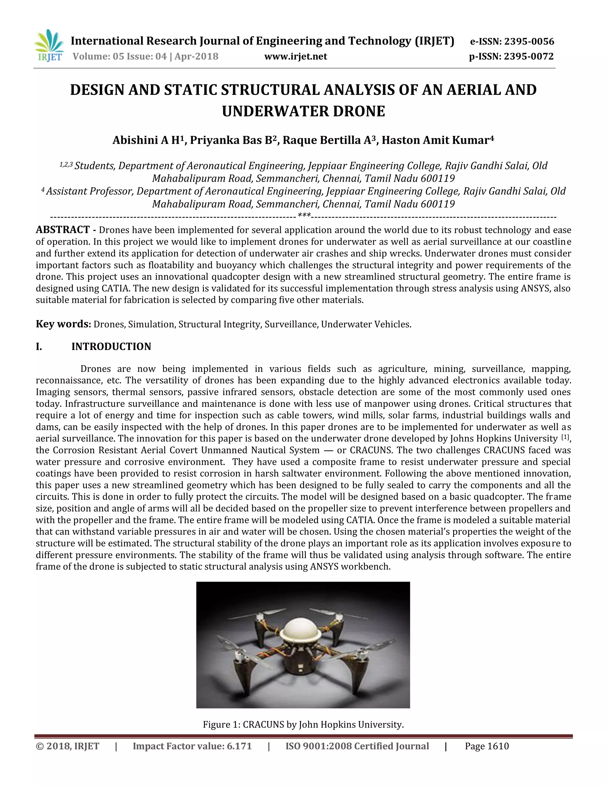 IRJET- Design and Static Structural Analysis of an Aerial and Underwater Drone | PDF