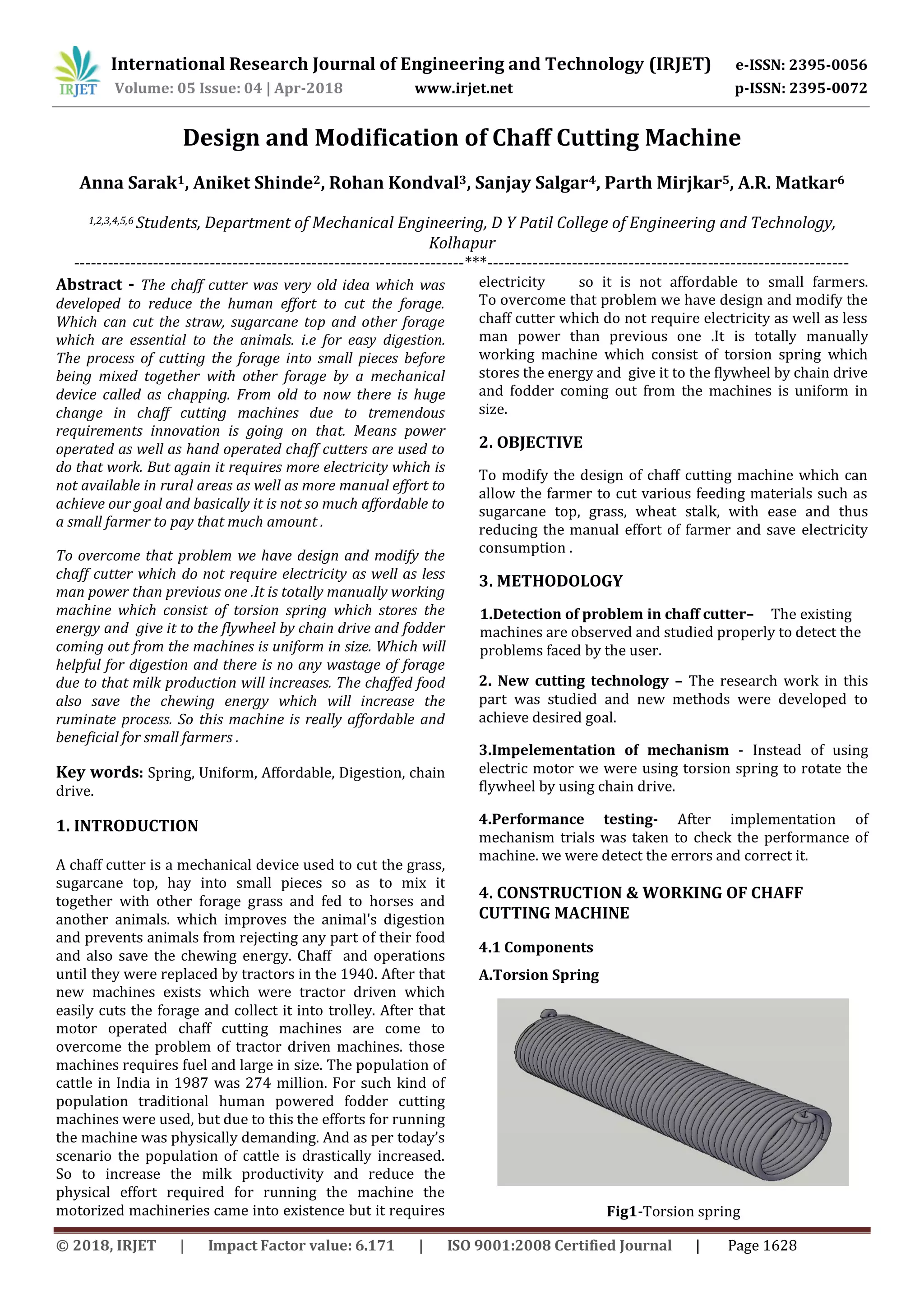 IRJET- Design and Modification of Chaff Cutting Machine | PDF