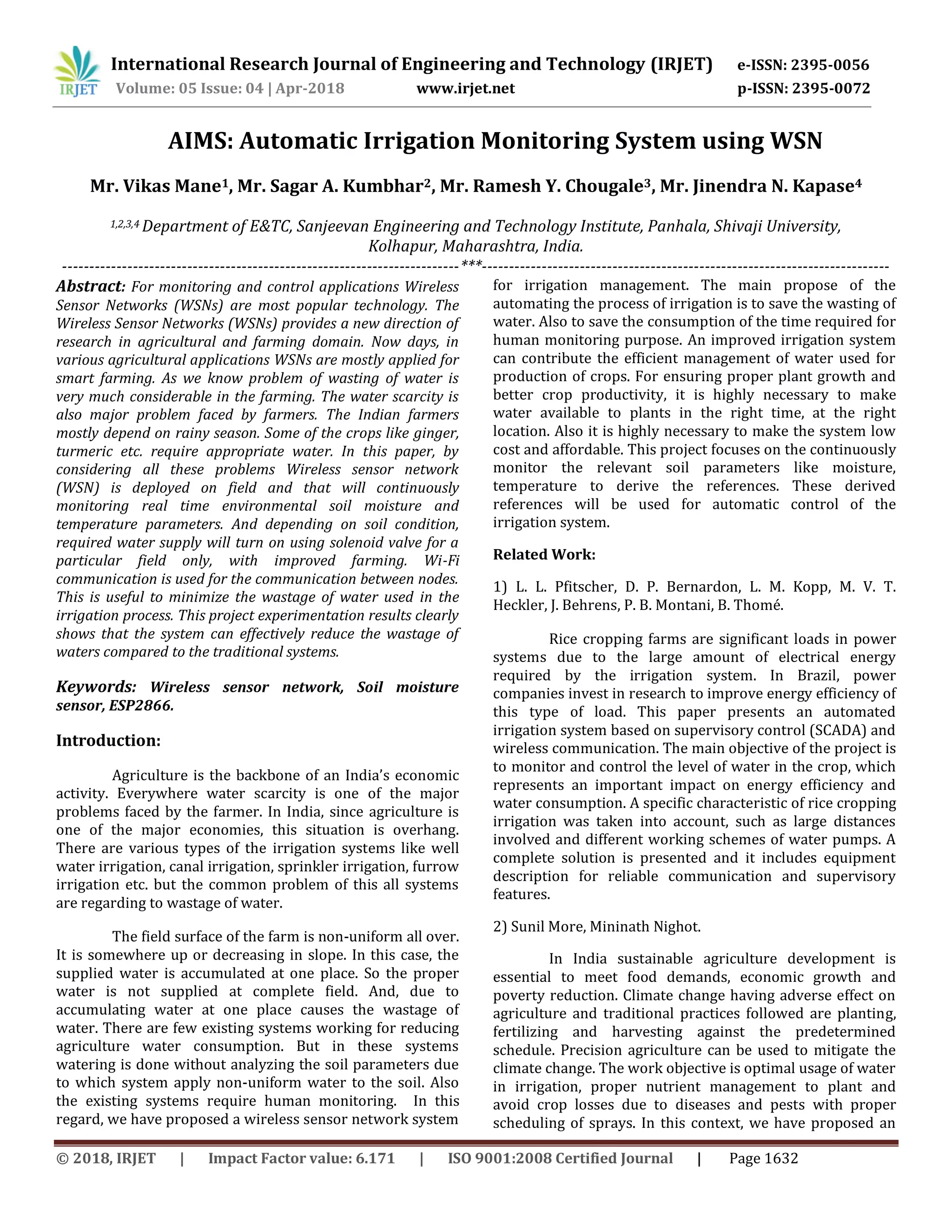 IRJET- AIMS: Automatic Irrigation Monitoring System using WSN | PDF