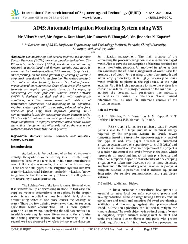 IRJET- AIMS: Automatic Irrigation Monitoring System using WSN | PDF