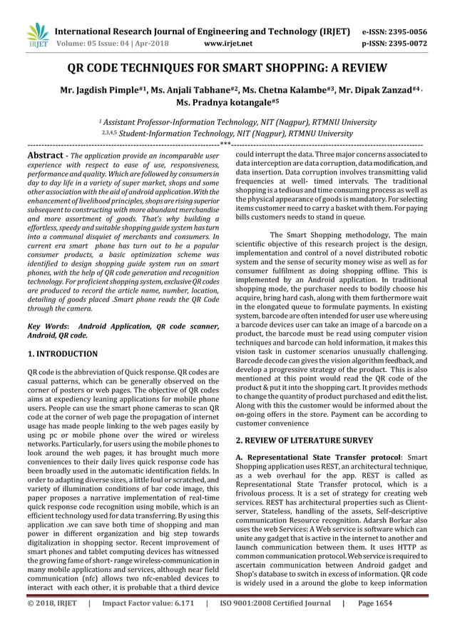 IRJET- QR Code Techniques for Smart Shopping: A Review | PDF