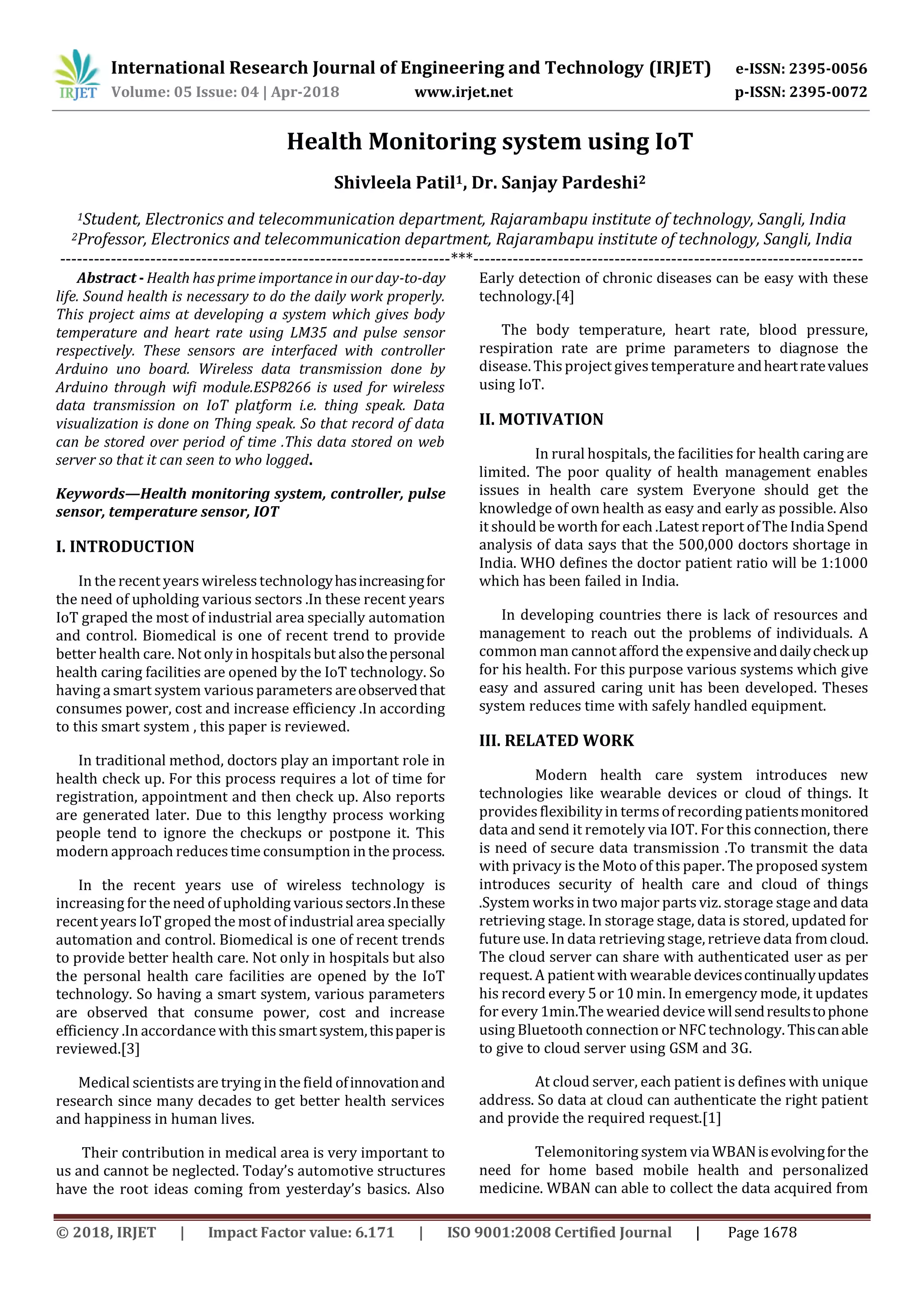 IRJET- Health Monitoring system using IoT | PDF