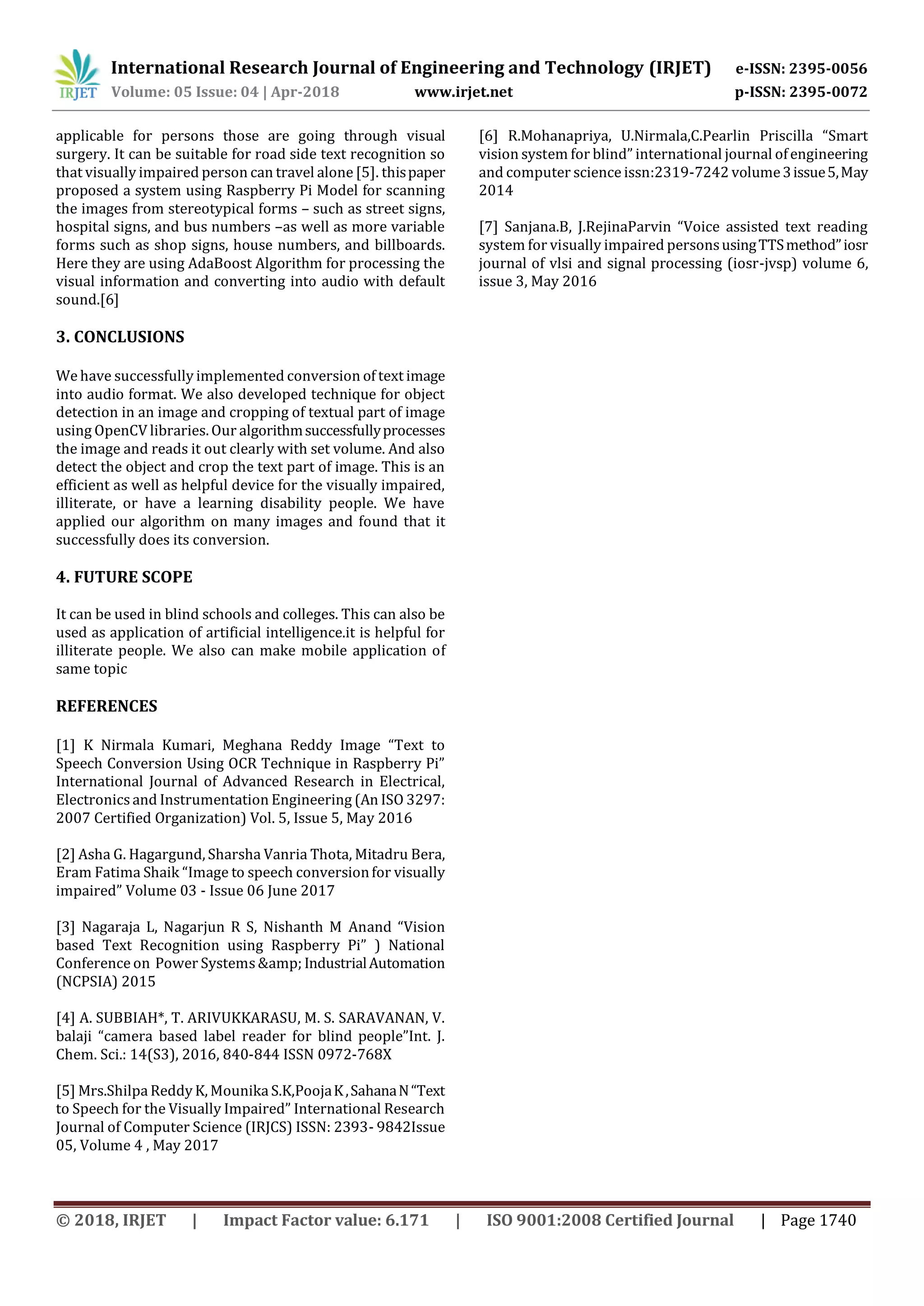 IRJET- Survey Paper: Image Reader for Blind Person | PDF