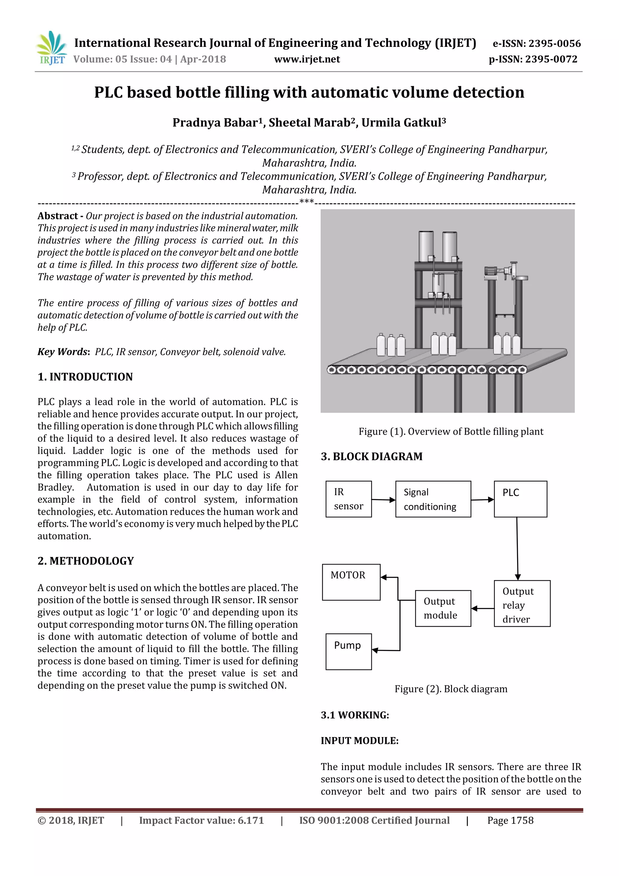 IRJET- PLC based Bottle Filling with Automatic Volume Detection | PDF