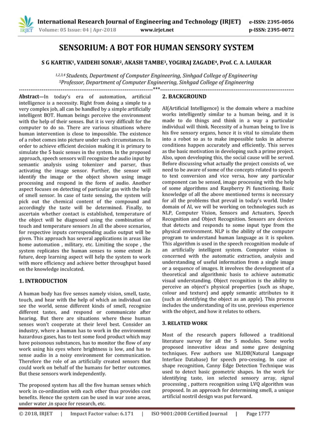 IRJET- Sensorium: A Bot for Human Sensory System | PDF